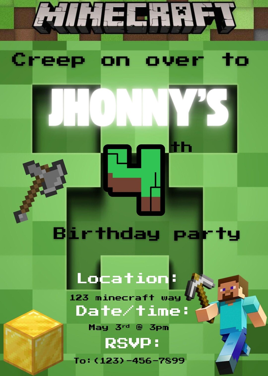 Minecraft 4th Birthday Invitation, Minecraft Birthday - Etsy