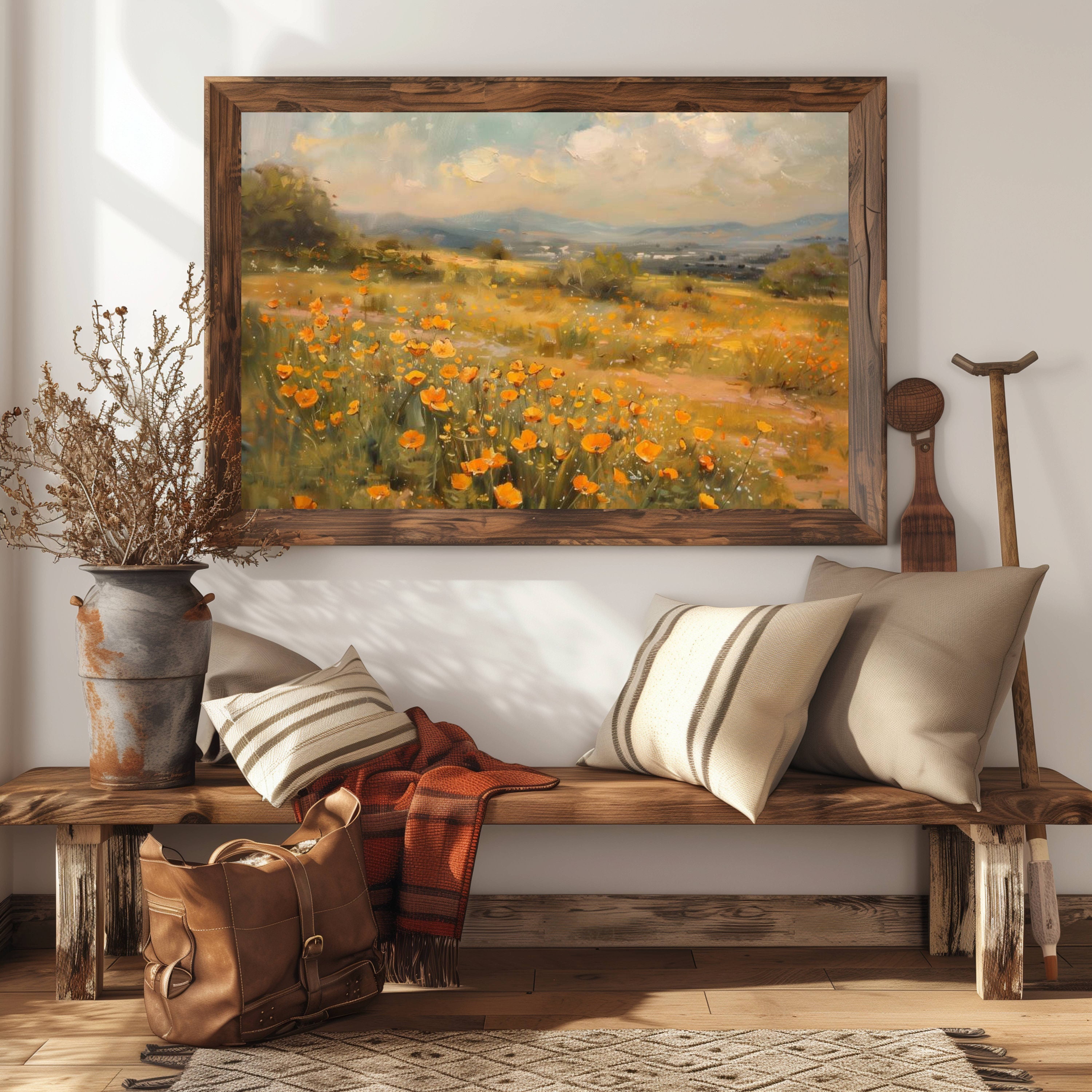 Vintage California Poppy Field Oil Painting | Warm Tone Vintage Wall ...
