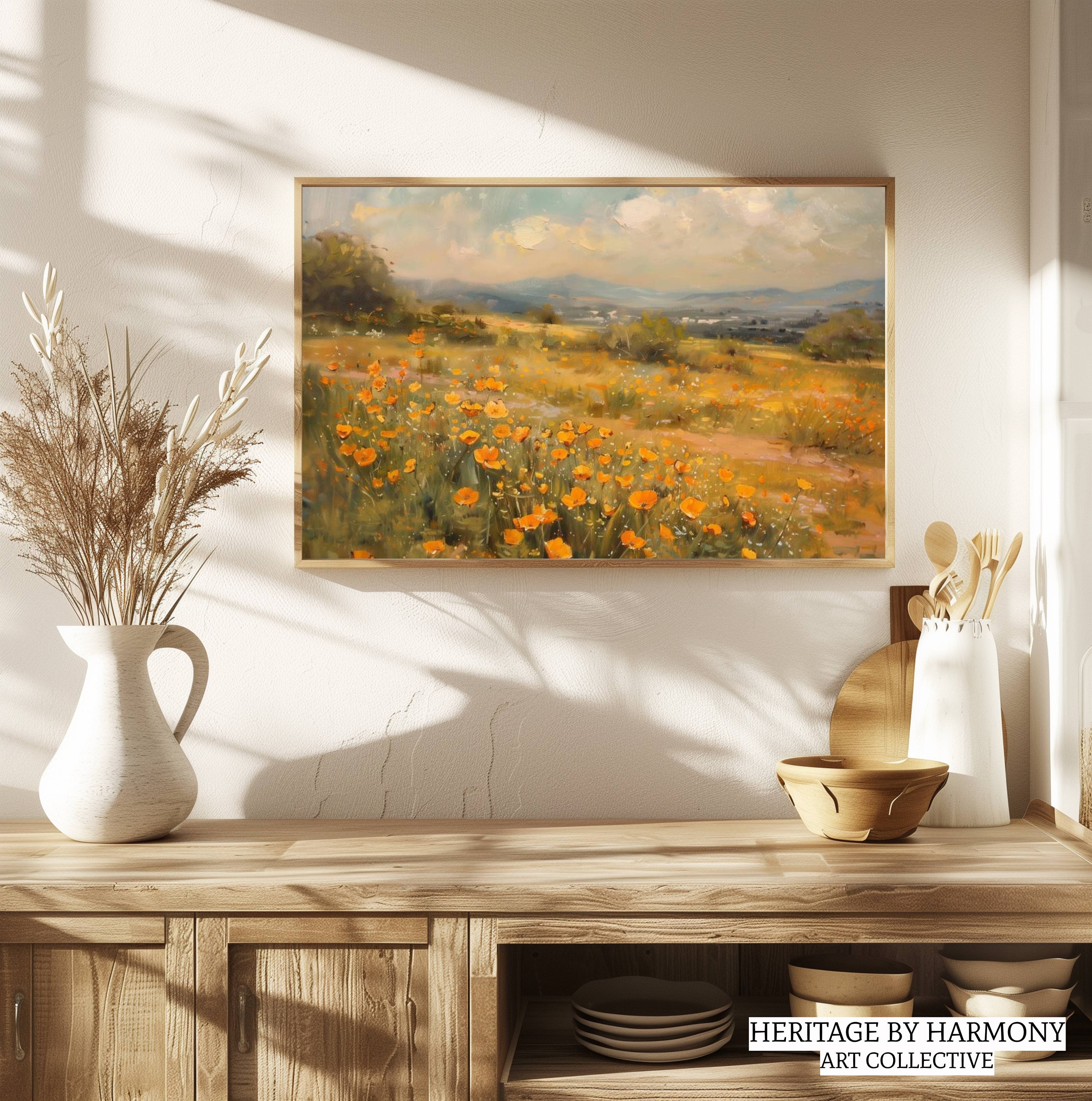 Vintage California Poppy Field Oil Painting | Warm Tone Vintage Wall ...