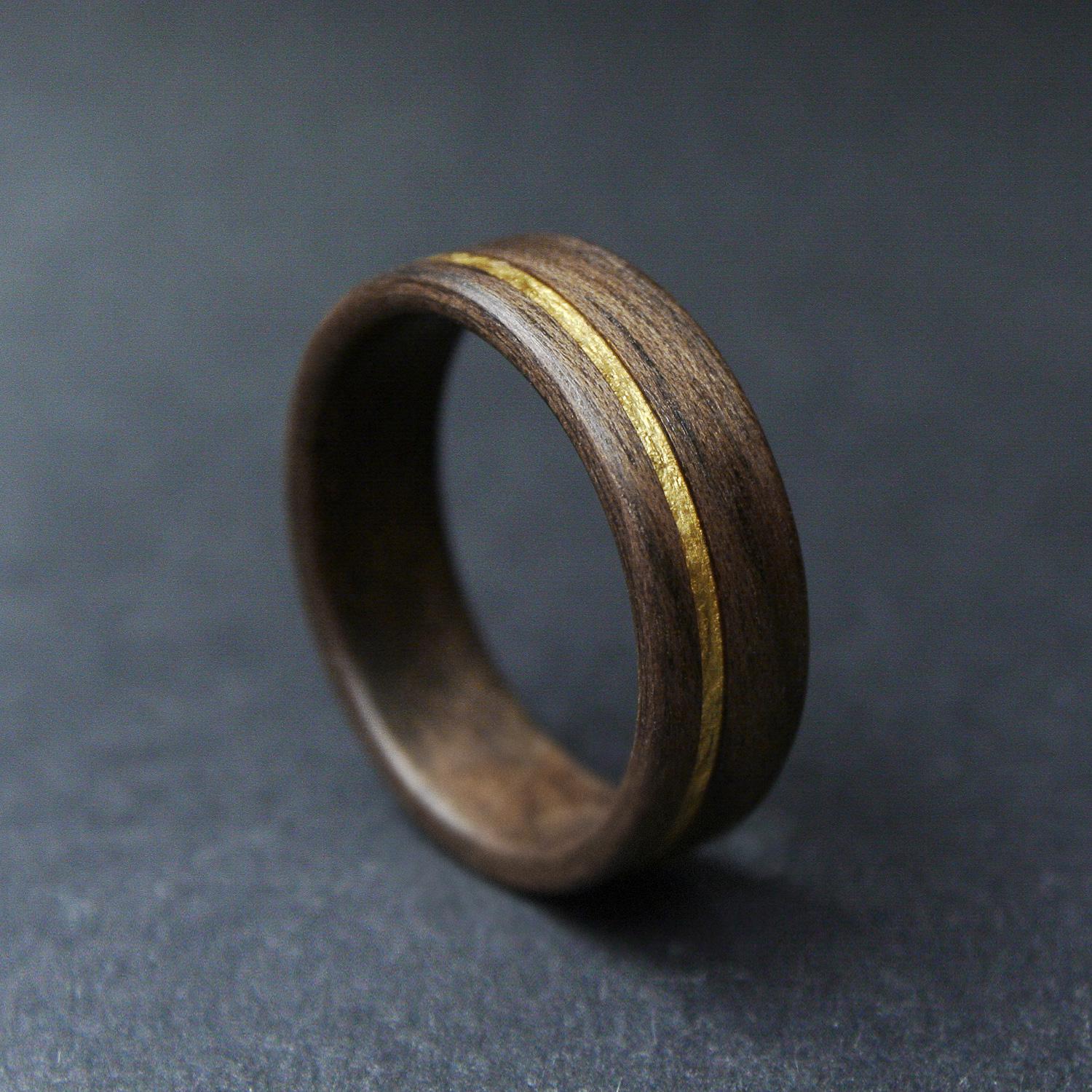 Walnut Wood Ring With 24k Gold Inlay. Wooden Rings for Men. - Etsy