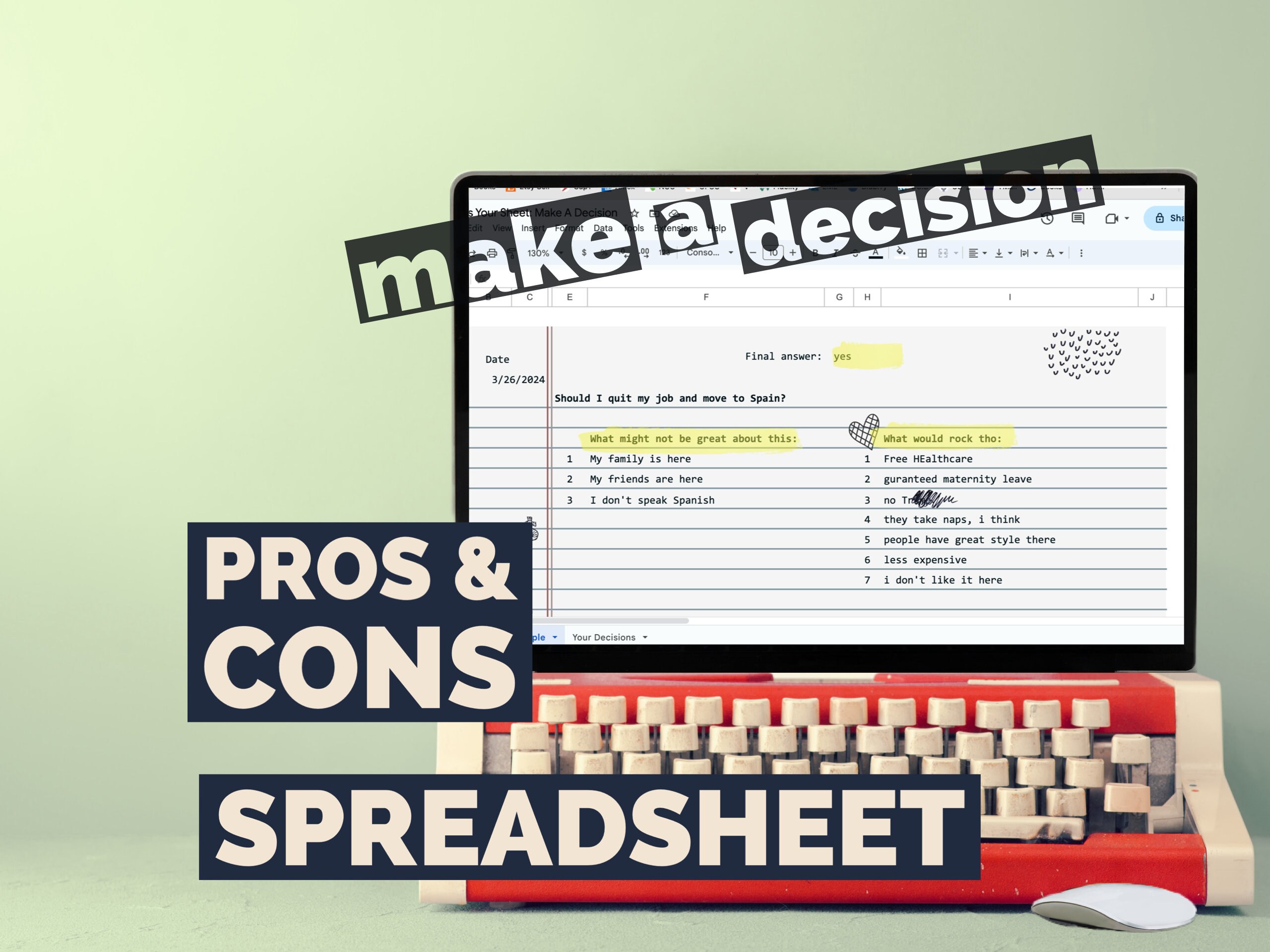 Pros and Cons List Google Sheets Template Decisions Spreadsheet Make A ...