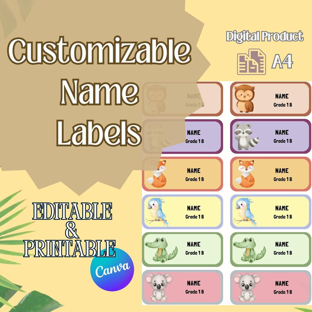 Animal-themed Name Label Template Back to School Supplies - Etsy