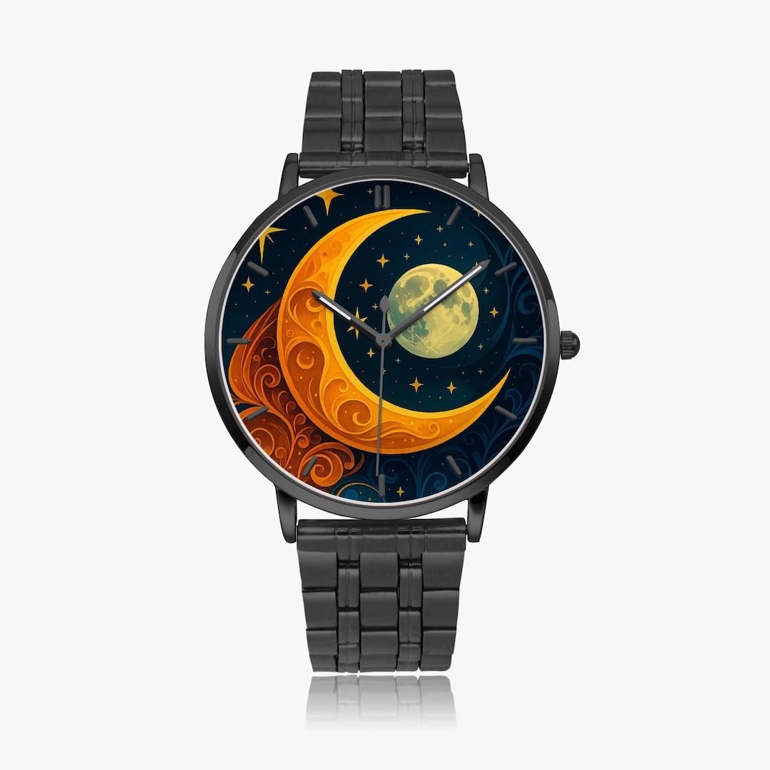 Celestial Moon Phase Watch - Gold Crescent Moon & Stars - Unisex Wrist ...