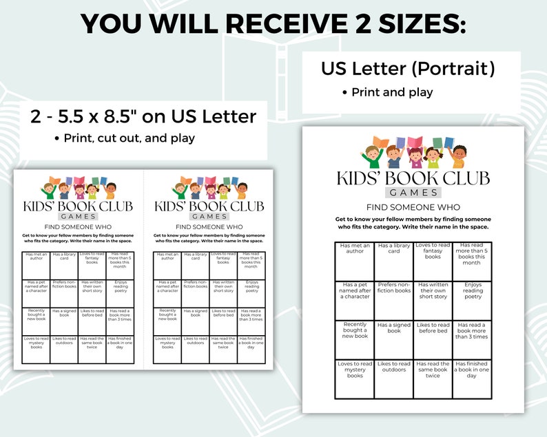 Kids Book Club Find Someone Who Game, Kids Book Club Icebreaker Game ...