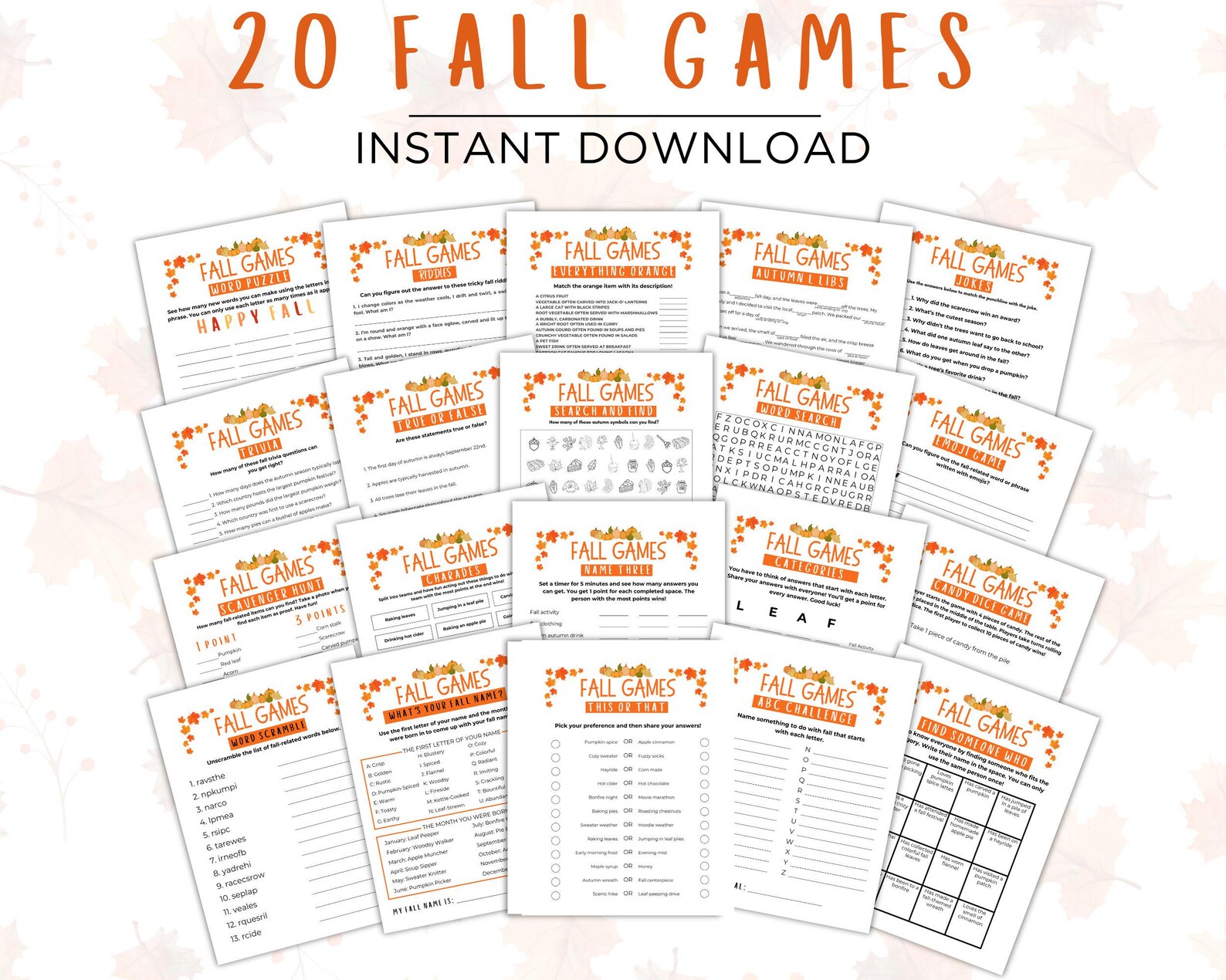 Fall Games, Fall Game Bundle, Autumn Games for Kids and Adults, Fall ...