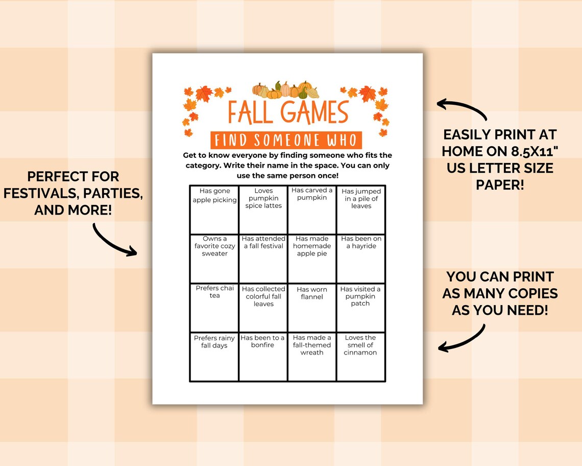 Fall Find Someone Who Game, Fall Find the Guest Bingo, Printable Fall ...