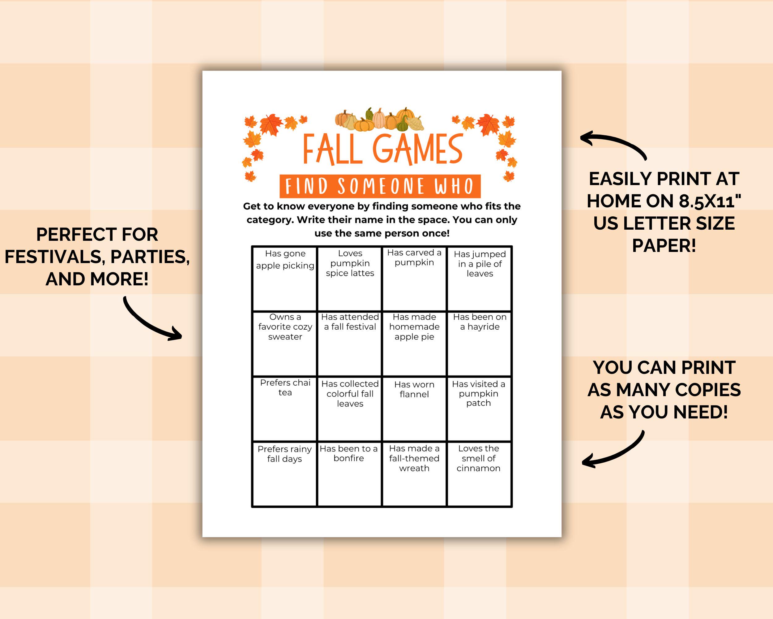 Fall Find Someone Who Game, Fall Find the Guest Bingo, Printable Fall ...