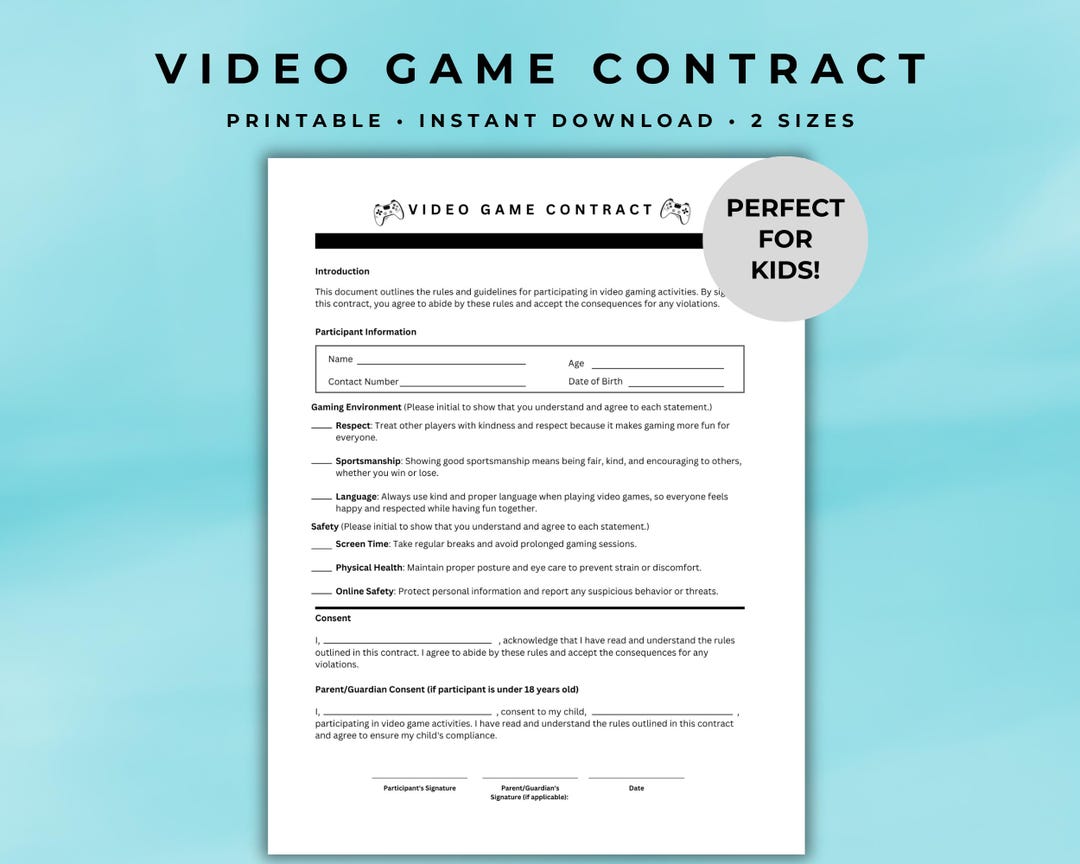 Video Game Contract for Kids, Technology Contract, Video Game Usage ...