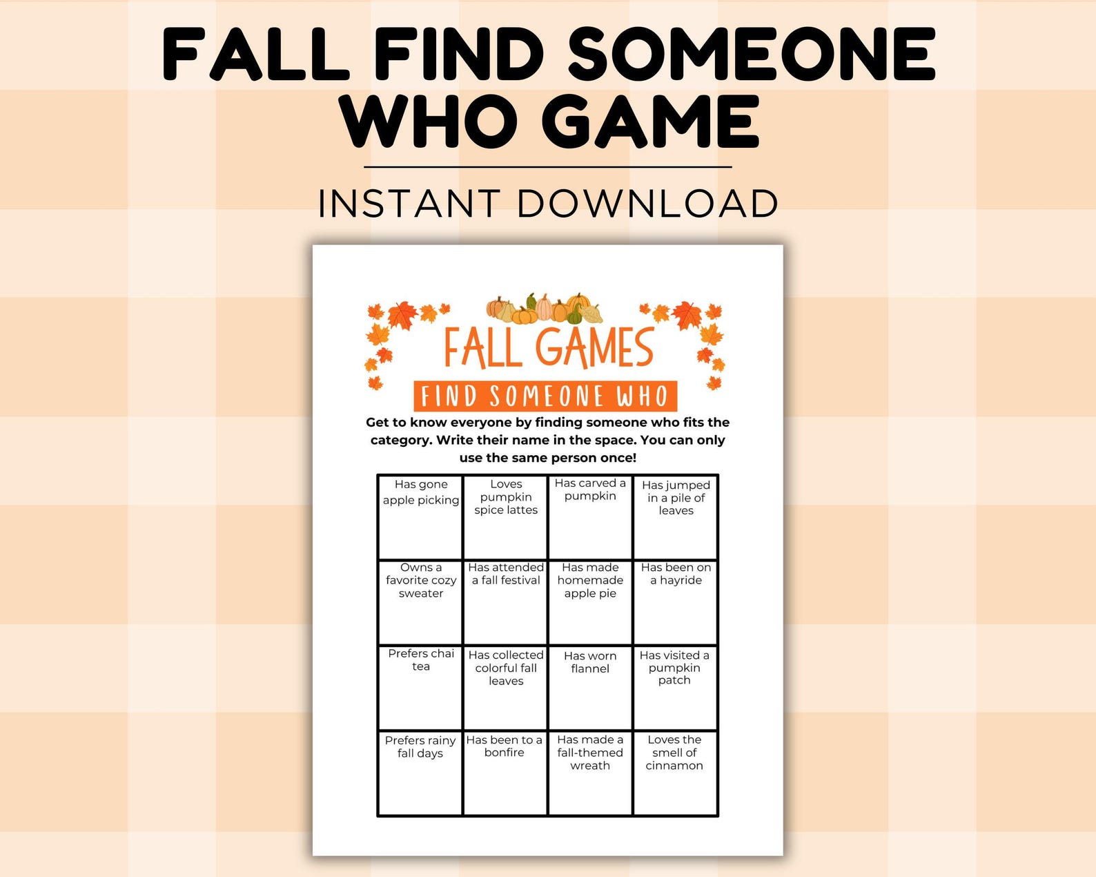 Fall Find Someone Who Game, Fall Find the Guest Bingo, Printable Fall ...
