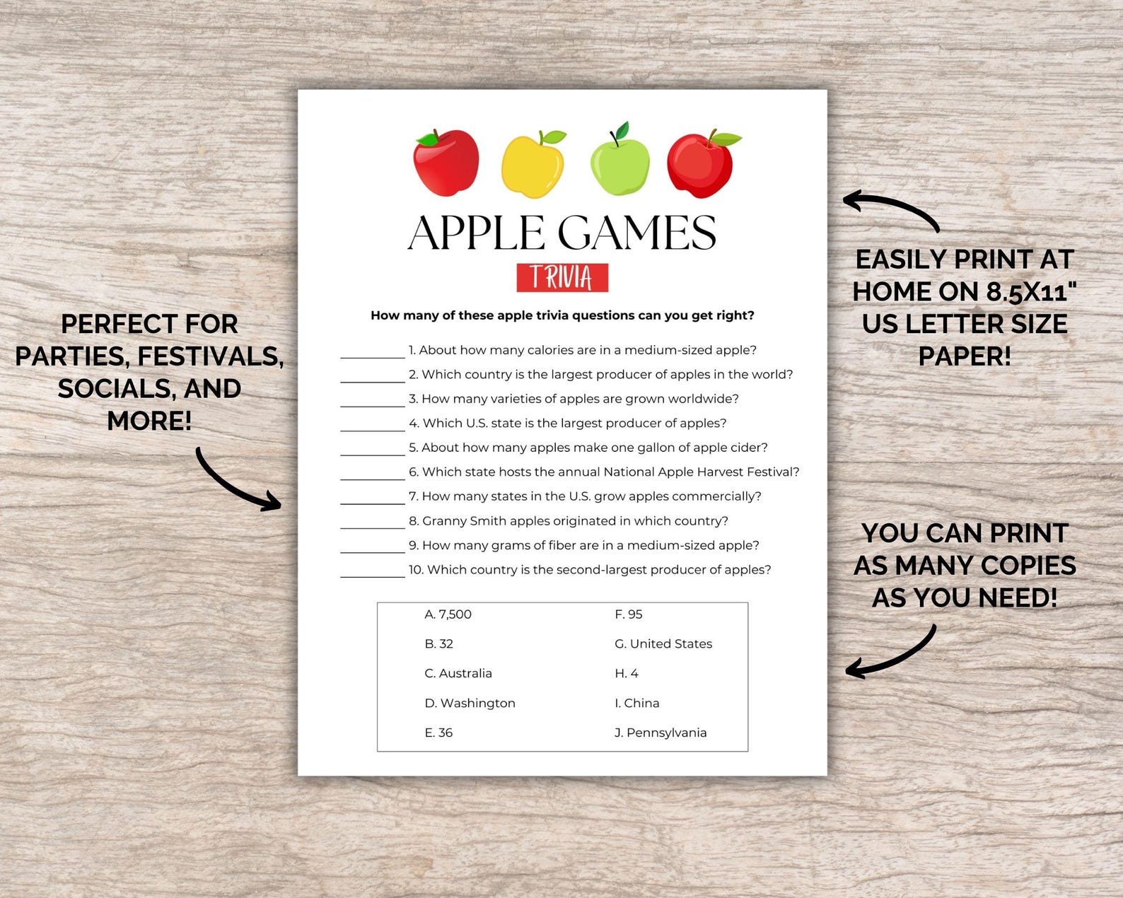 Apple Trivia, Apple Trivia Game, Fall Trivia, Printable Apple Trivia ...