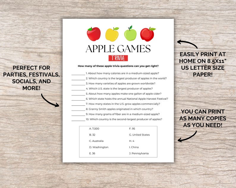 Apple Trivia, Apple Trivia Game, Fall Trivia, Printable Apple Trivia ...