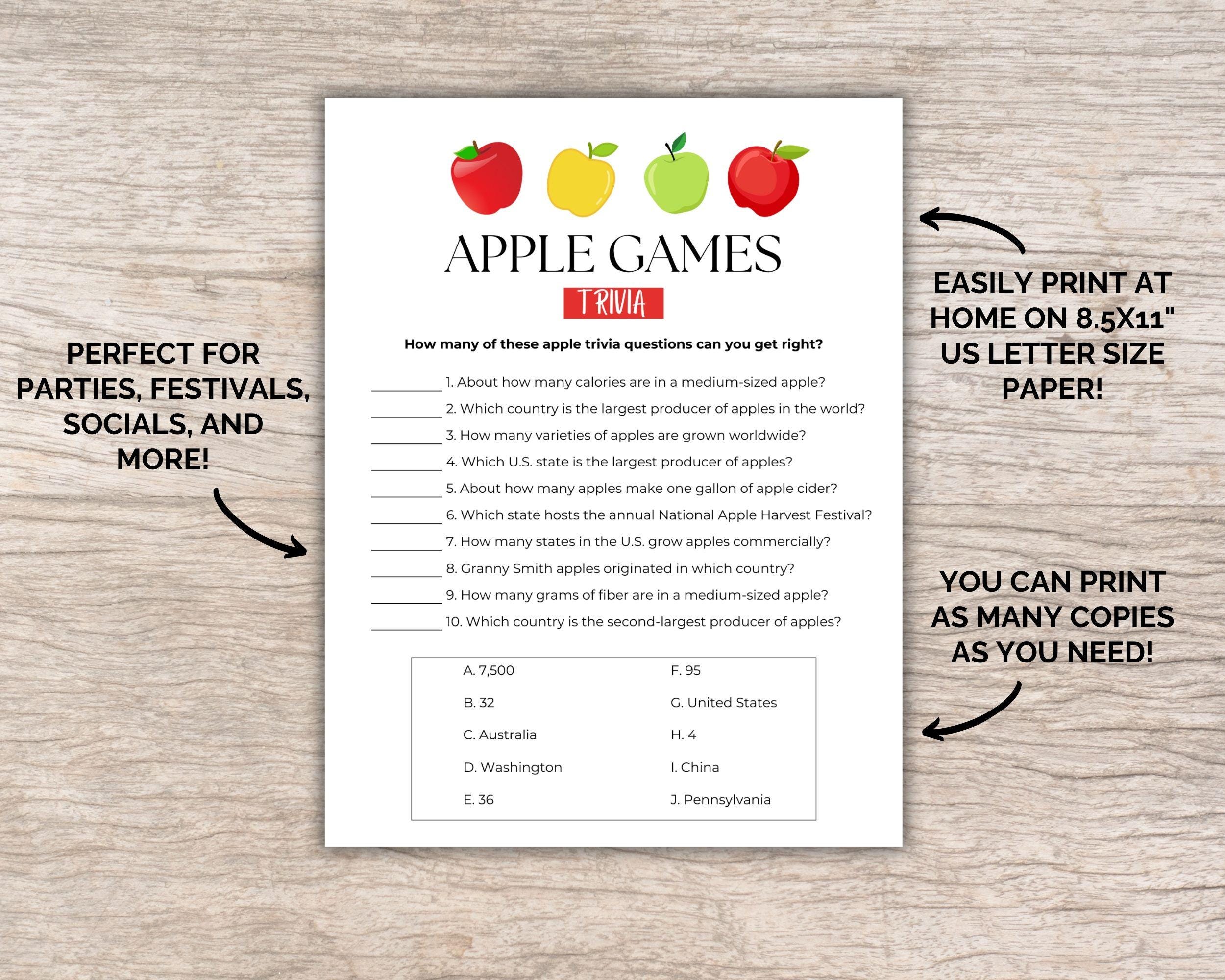 Apple Trivia, Apple Trivia Game, Fall Trivia, Printable Apple Trivia ...
