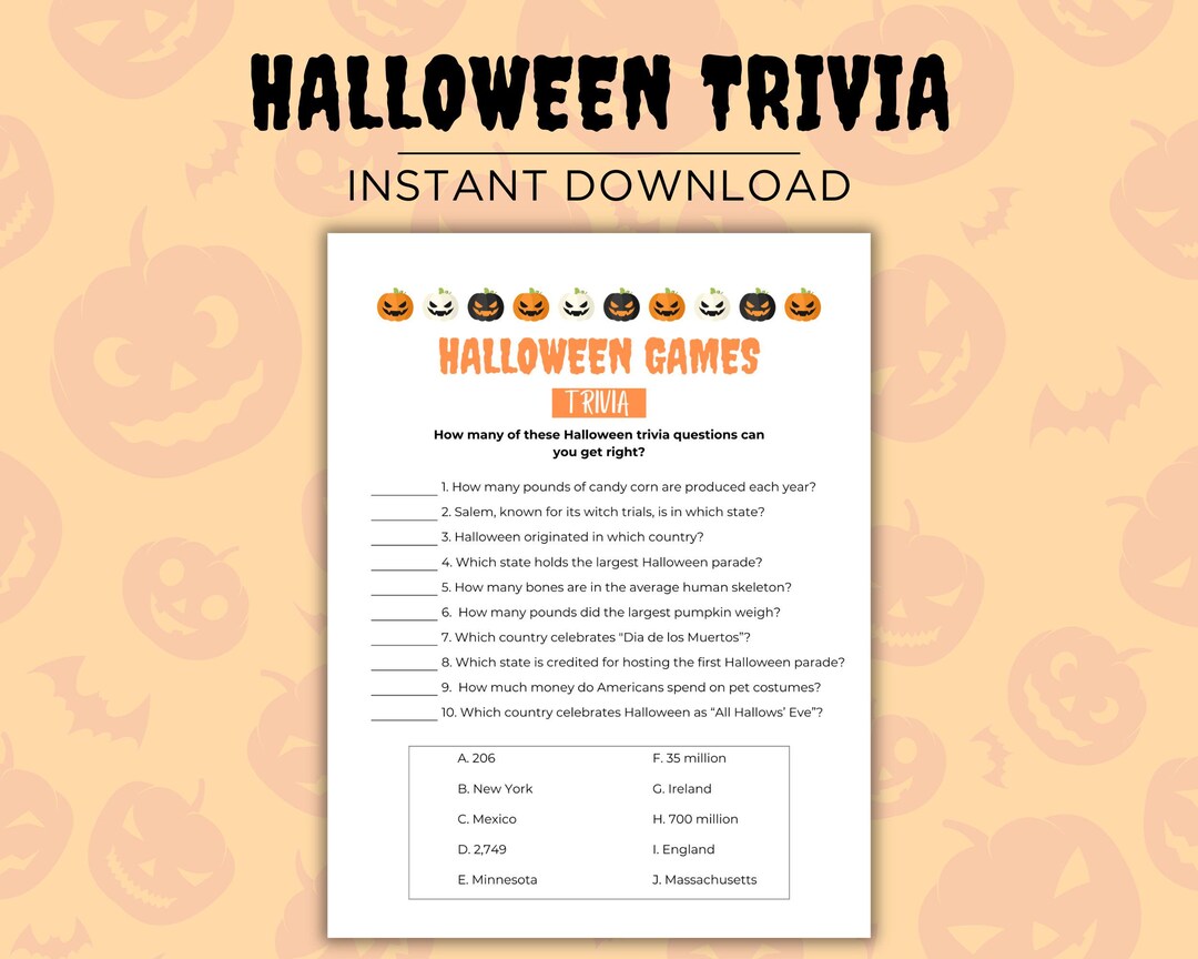 Halloween Trivia Game, Printable Halloween Trivia Activity, Spooky ...