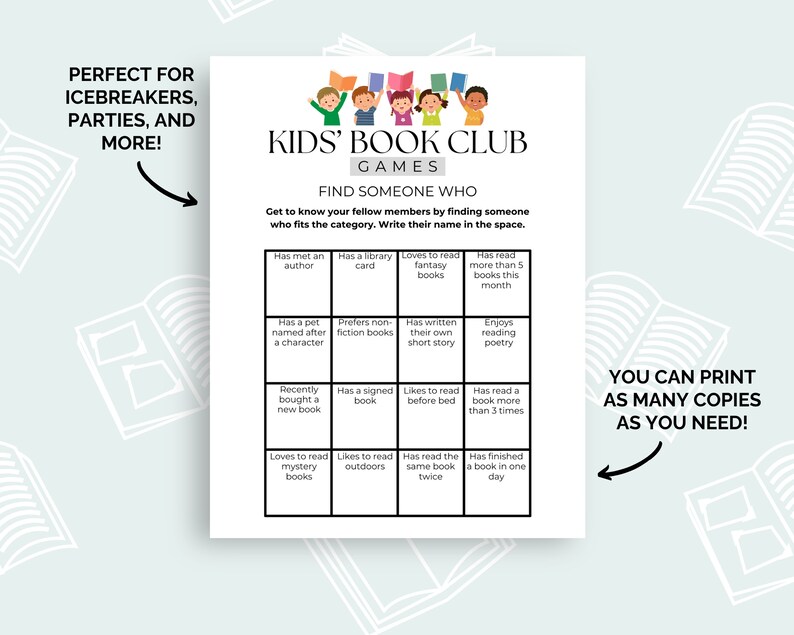 Kids Book Club Find Someone Who Game, Kids Book Club Icebreaker Game ...