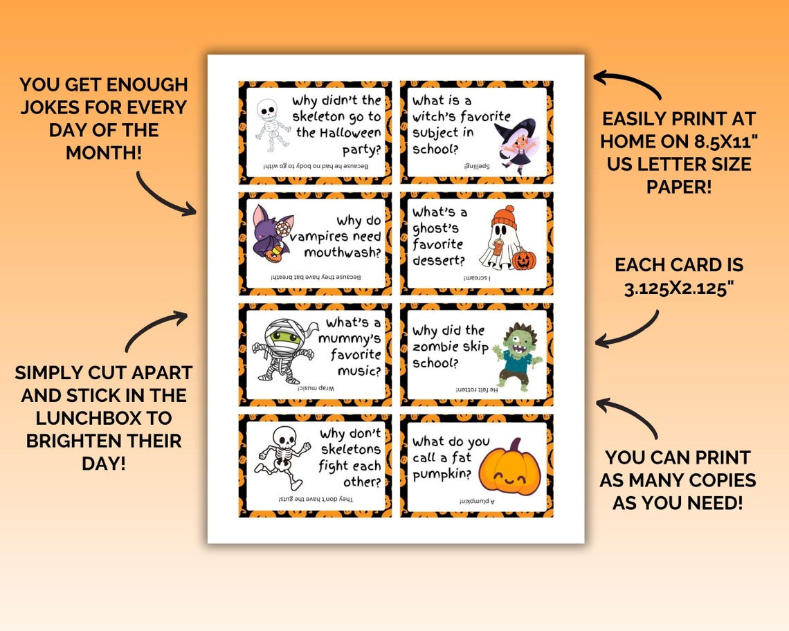 Halloween Lunchbox Jokes, Lunch Box Notes, Printable Lunch Notes for ...