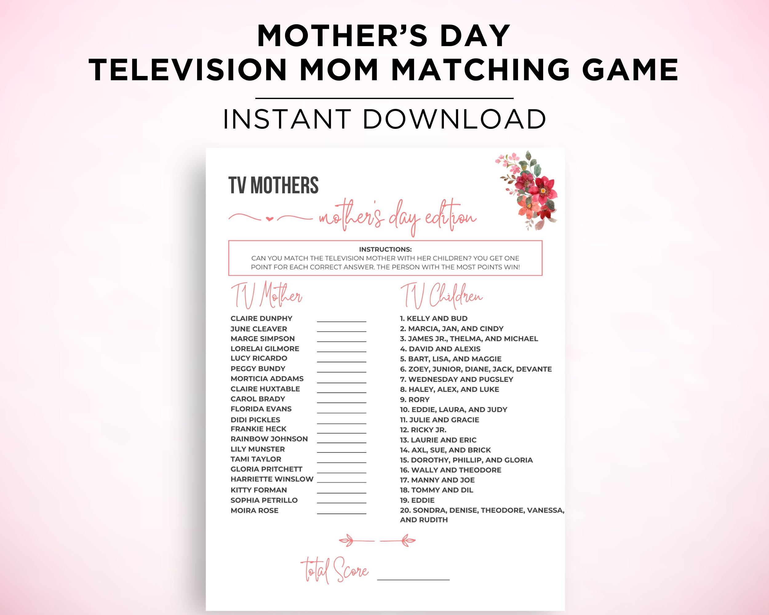 Mother's Day Television Mom Matching Game, Mother's Day Matching Game ...