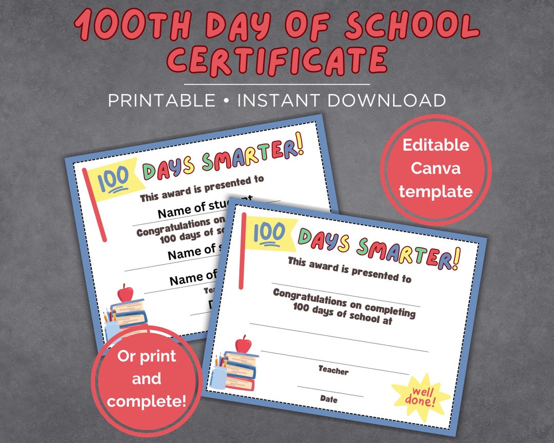 100th Day of School Certificate, 100 Days of School, 100th Day ...