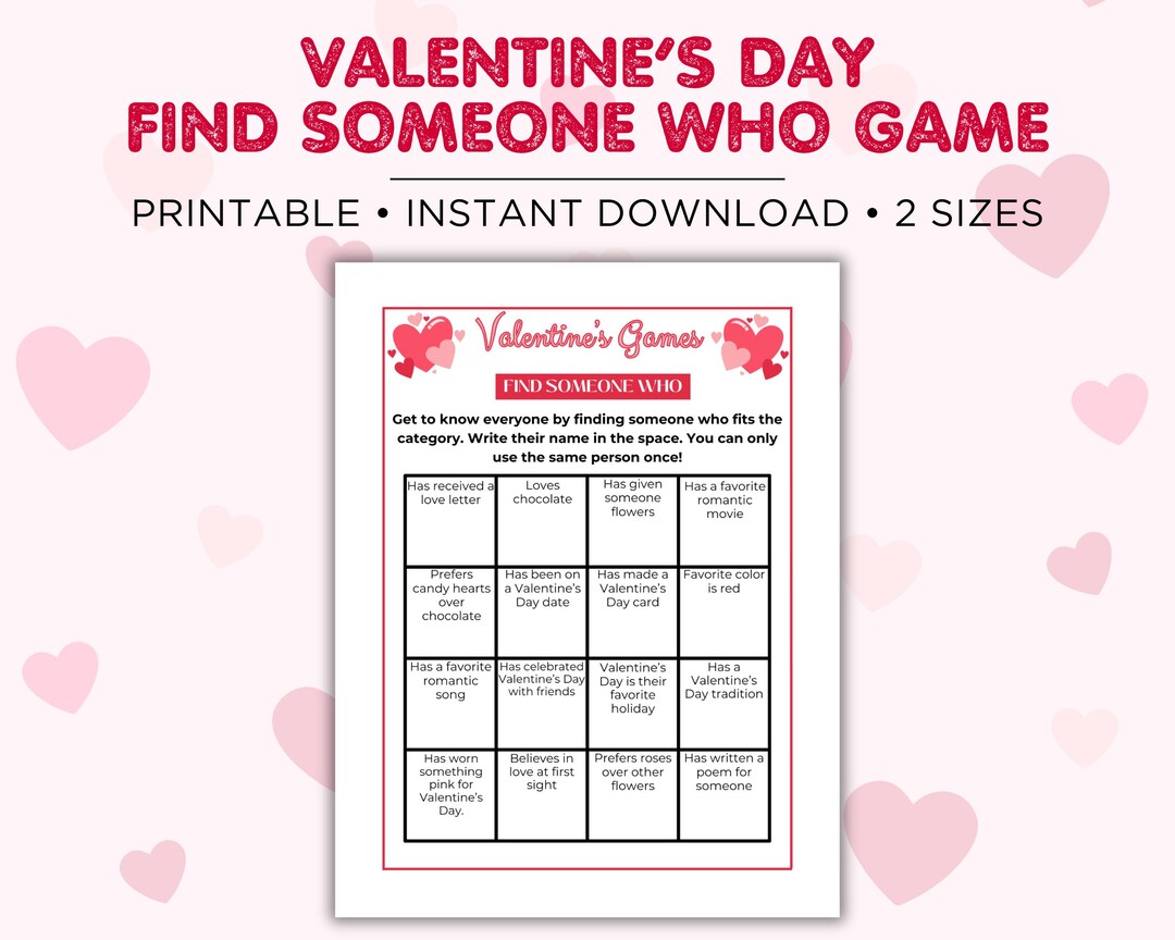 Valentine's Day Find Someone Who Game, Valentines Day Games, Valentines ...