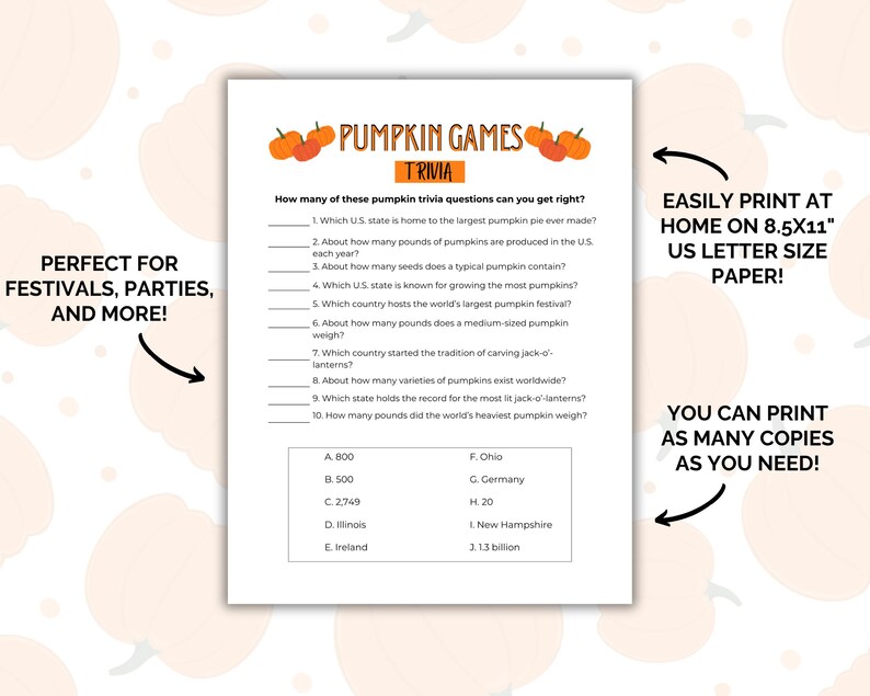 Pumpkin Trivia Game, Pumpkin Trivia, Pumpkin Printable Trivia, Pumpkin ...