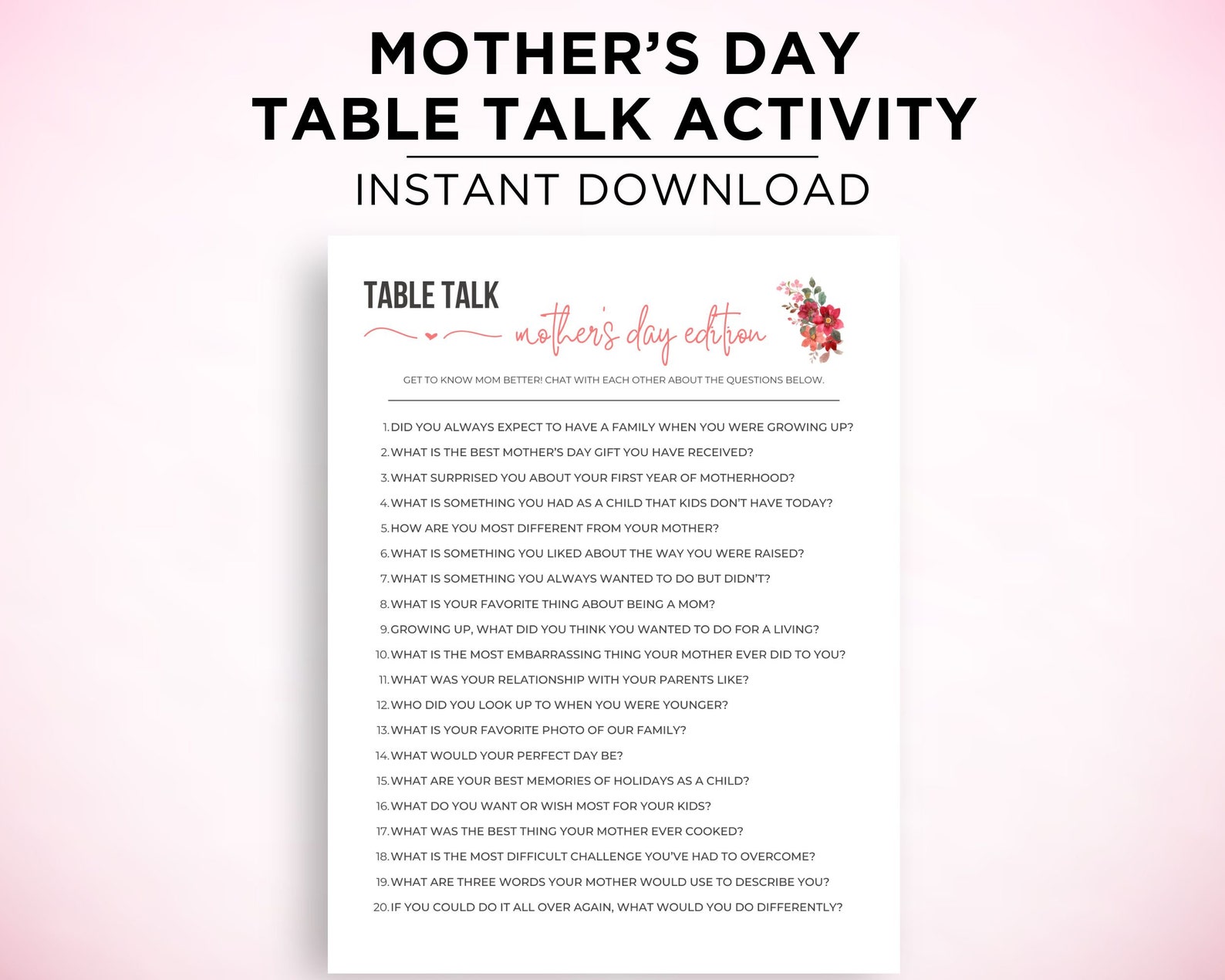 Mother's Day Table Talk Activity, Get to Know Mom Activity, Mother's ...