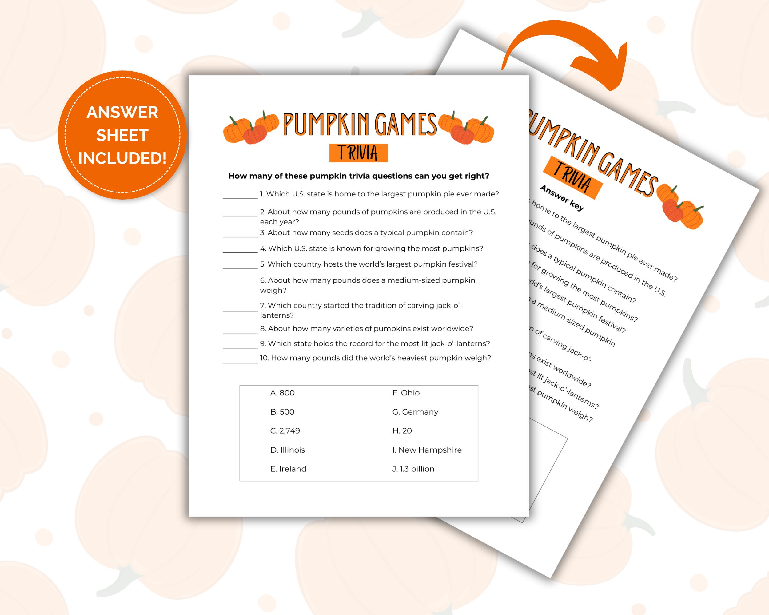 Pumpkin Trivia Game, Pumpkin Trivia, Pumpkin Printable Trivia, Pumpkin ...