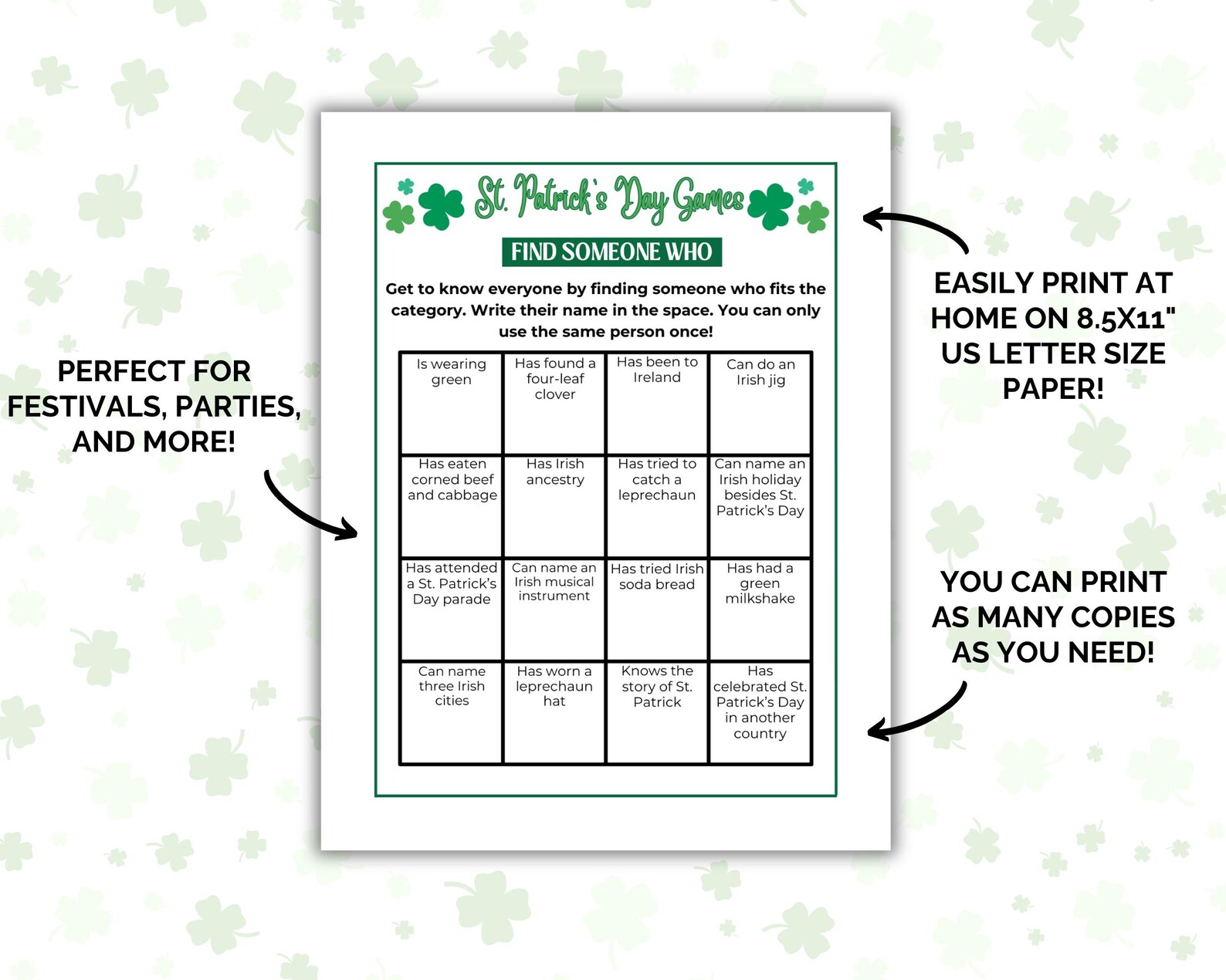 St. Patrick's Day Find Someone Who Game, St Patricks Day Games, St ...