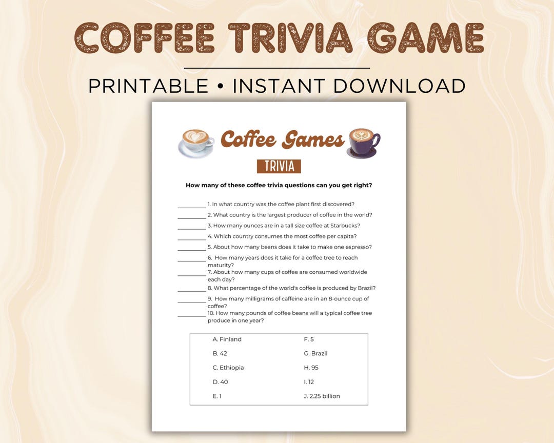 Coffee Trivia Game, Printable Coffee Trivia, Espresso Trivia, Coffee ...