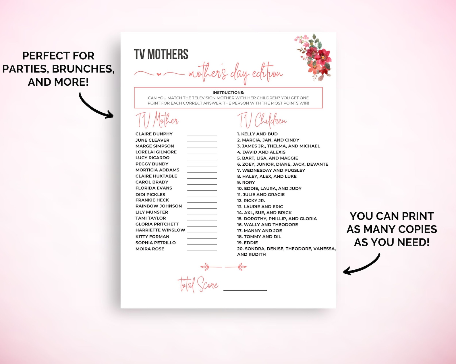 Mother's Day Television Mom Matching Game, Mother's Day Matching Game ...