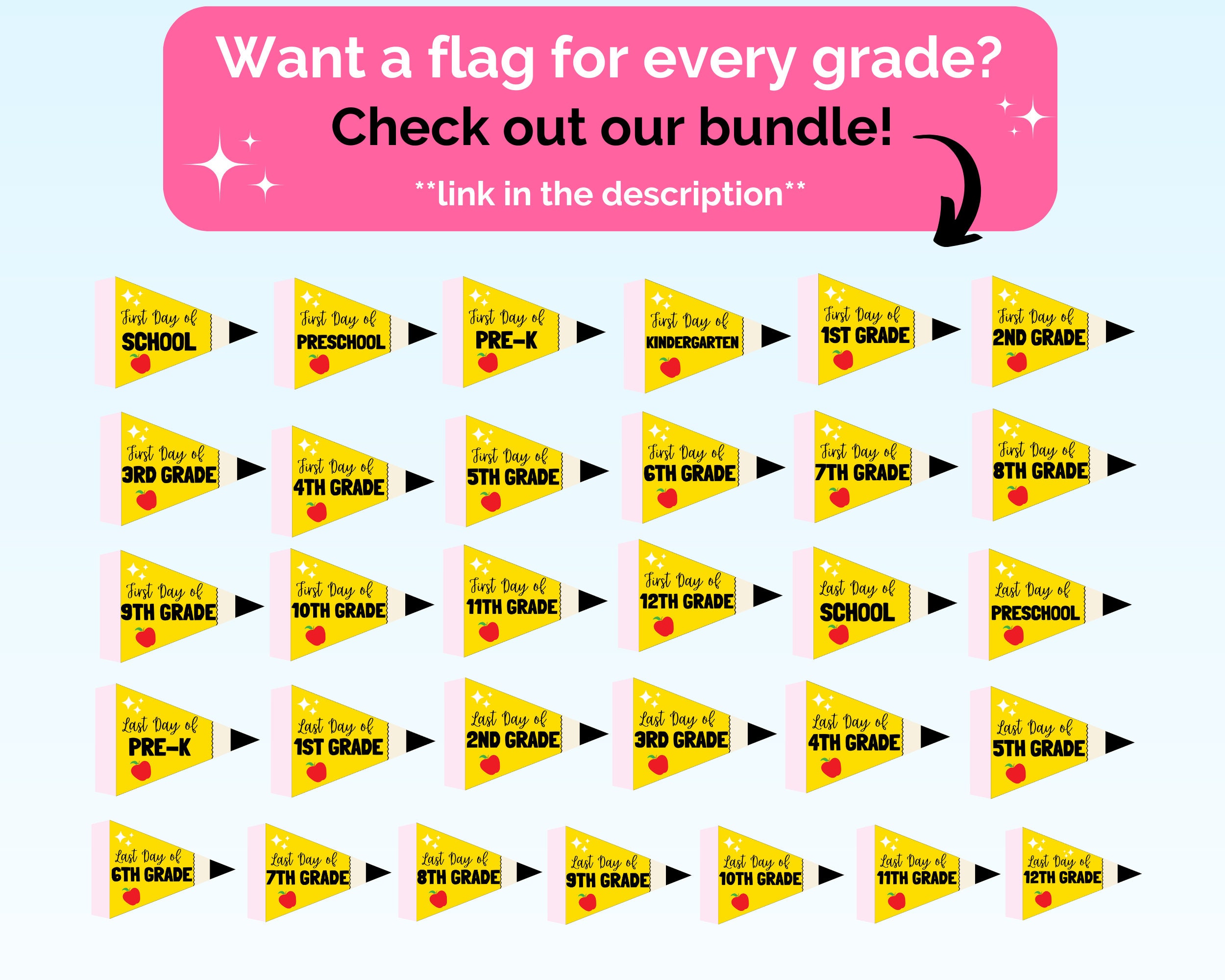 First Day of 1st Grade Pennant Flags, Printable Back to School Flags ...