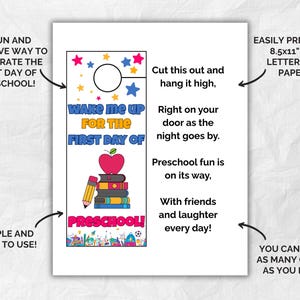 Printable First Day of Preschool Door Hanger, Preschool Door Hanger ...