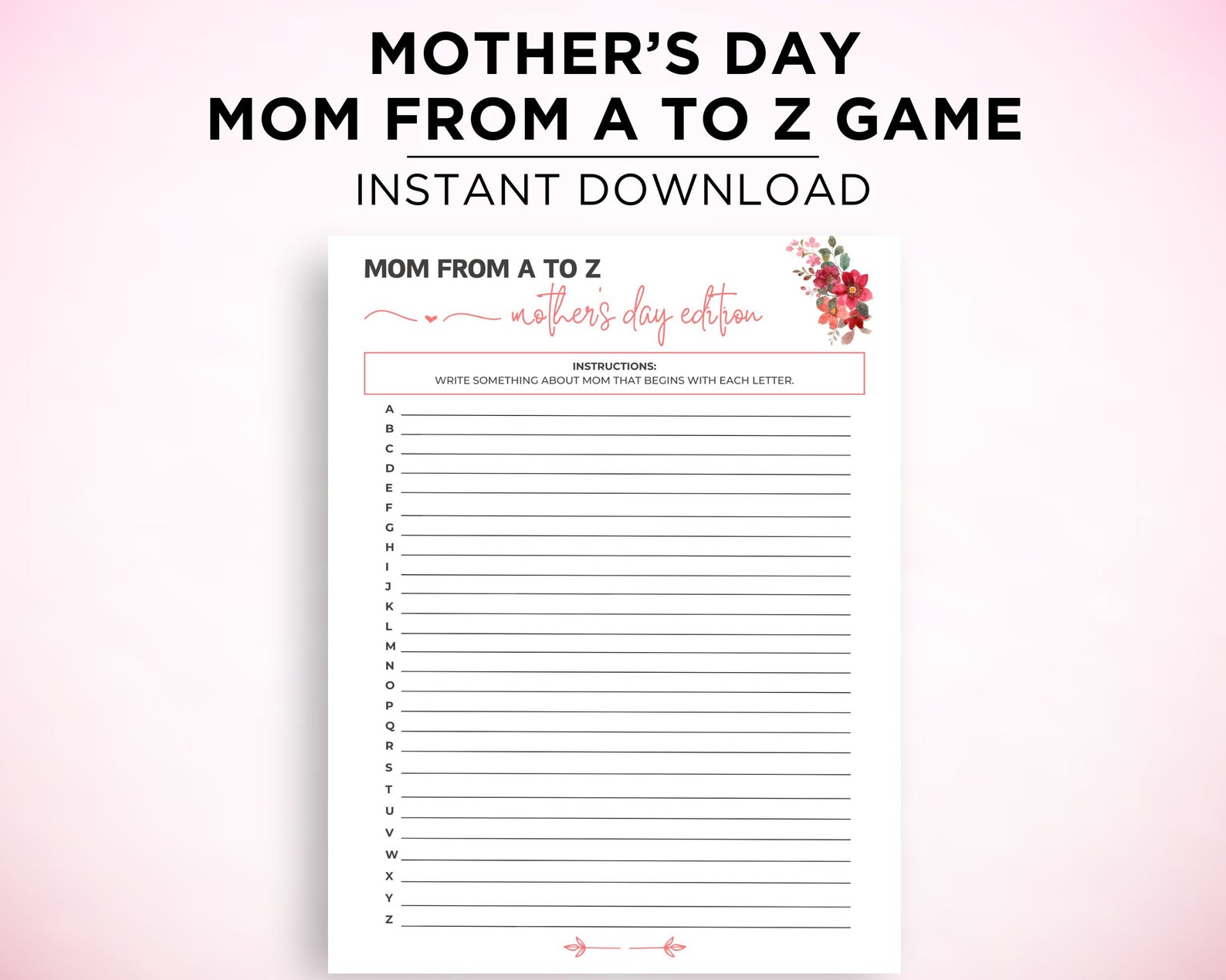 Mother's Day A-Z Game, Mother's Day Mom From A to Z Game, Mother's Day ...