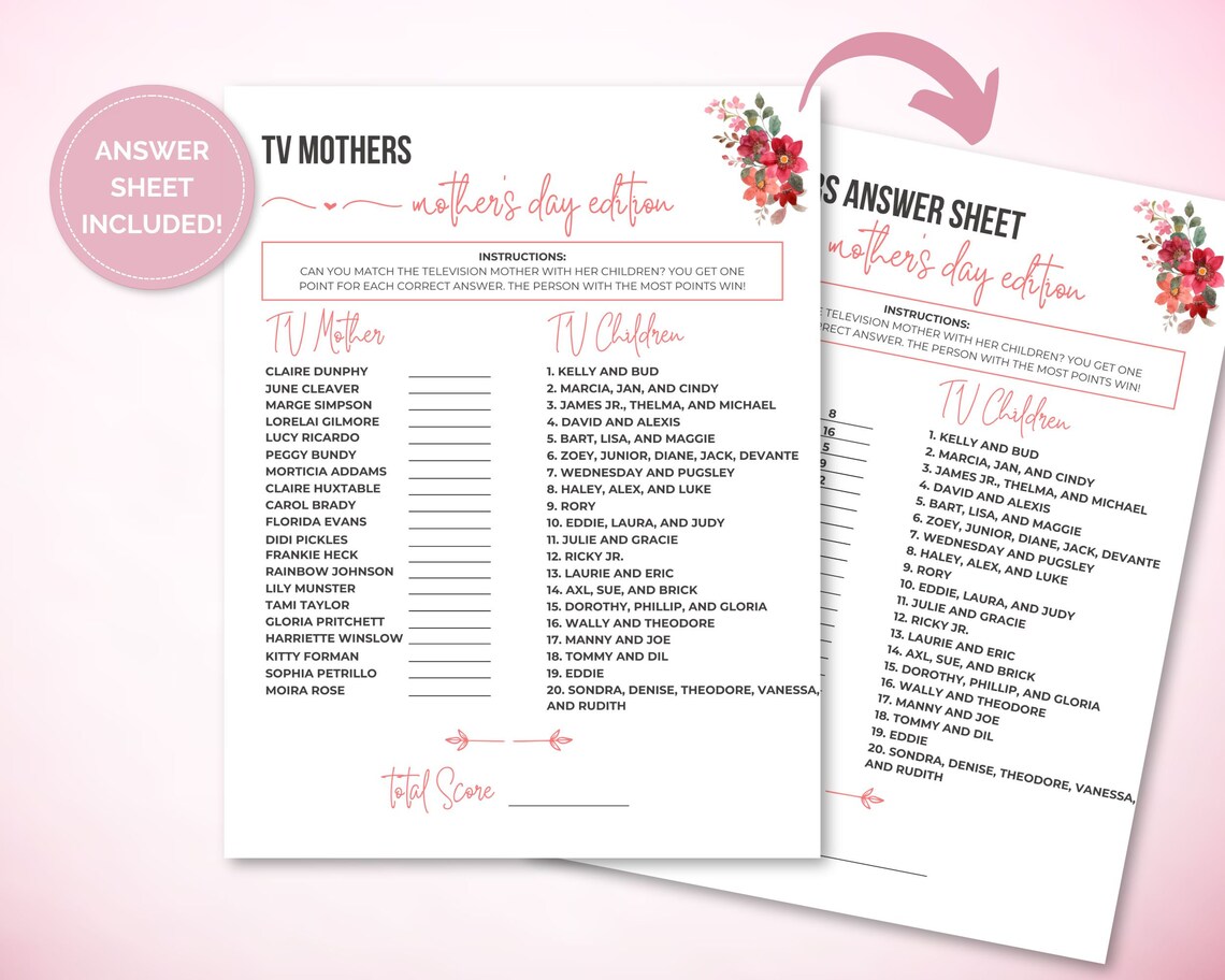 Mother's Day Television Mom Matching Game, Mother's Day Matching Game ...