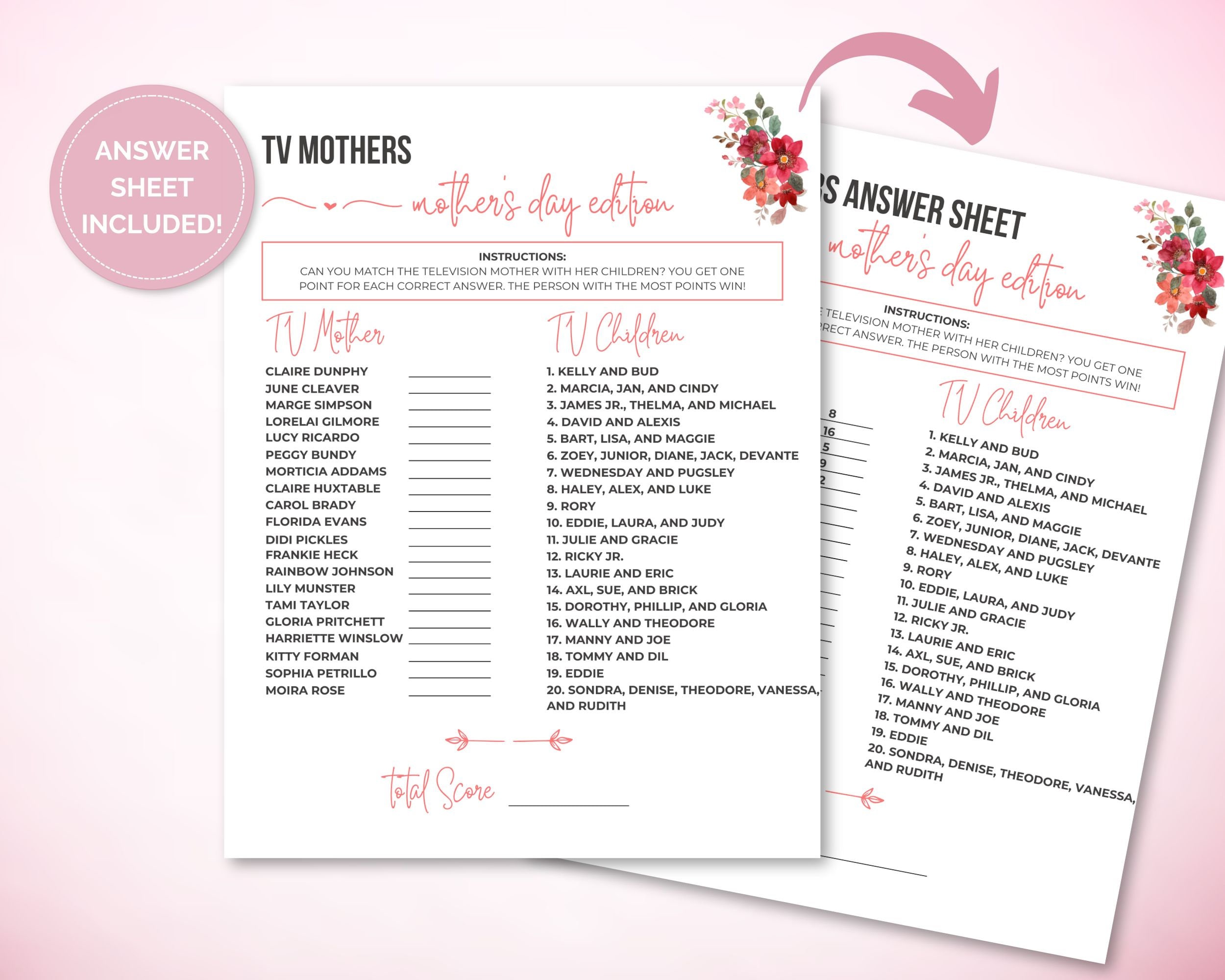 Mother's Day Television Mom Matching Game, Mother's Day Matching Game ...