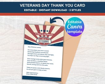 Editable Thank You Card for Veteran - Thank You Card for Veterans Day ...