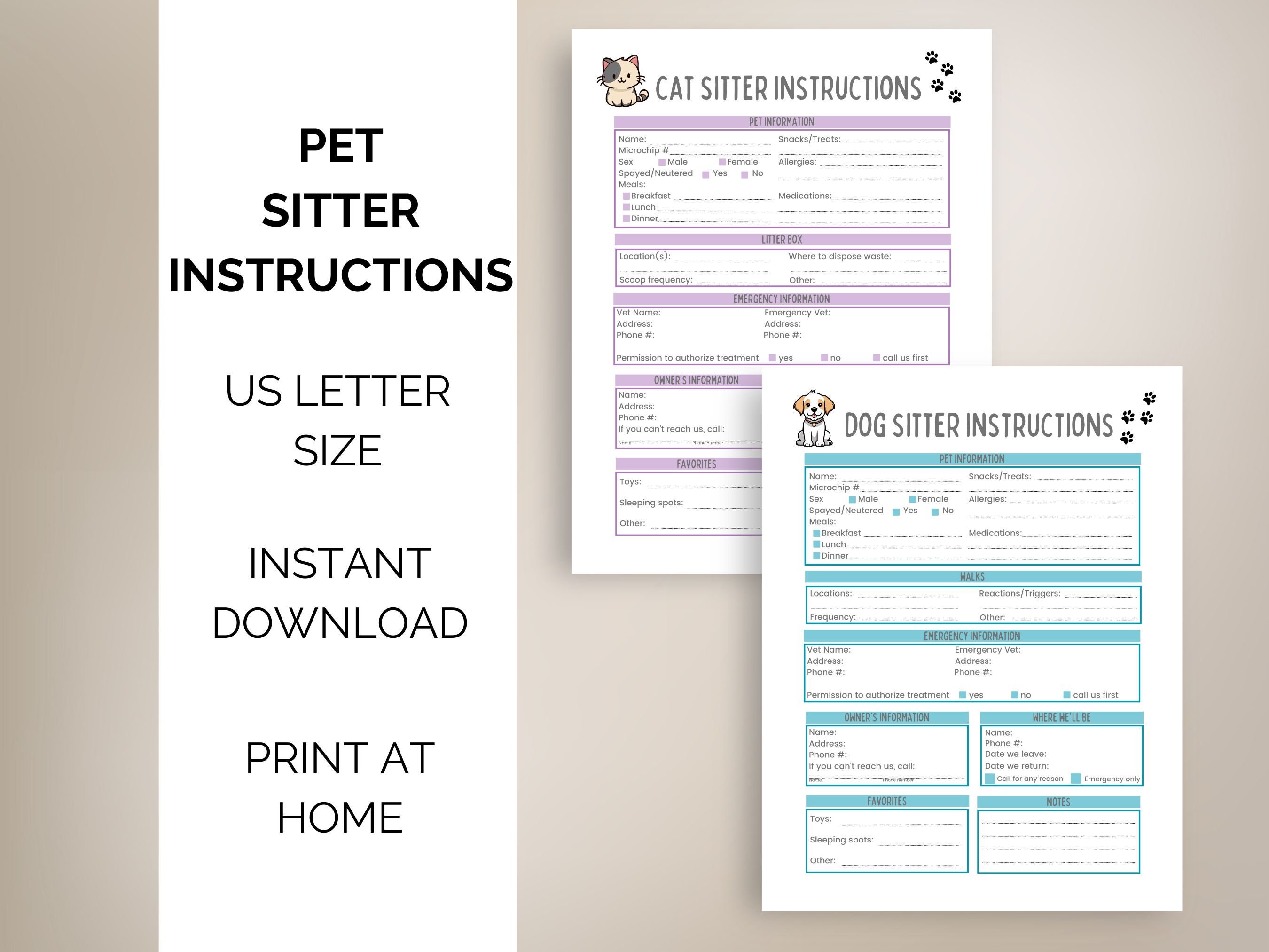 Pet Sitter Instructions, Dog Sitter, Cat Sitter, Pet Sitter Notes, Pet ...