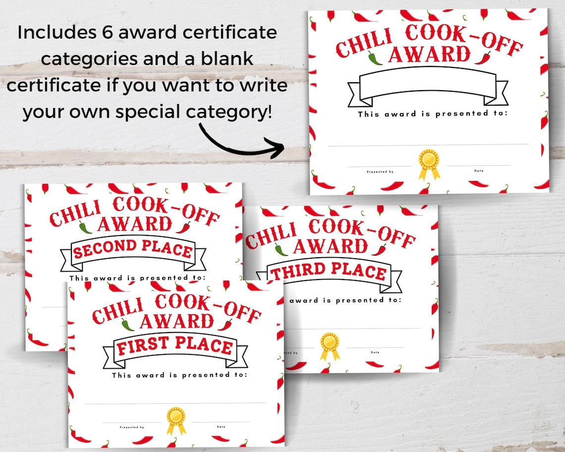 Chili Cook-off Contest Kit, Chili Cook off Award Certificates, Chili ...