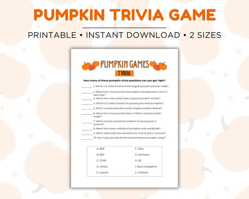Pumpkin Trivia Game, Pumpkin Trivia, Pumpkin Printable Trivia, Pumpkin ...