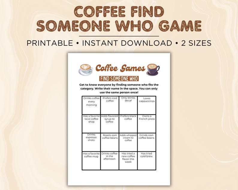 Coffee Find Someone Who Game, Coffee Find the Guest Bingo, Printable ...