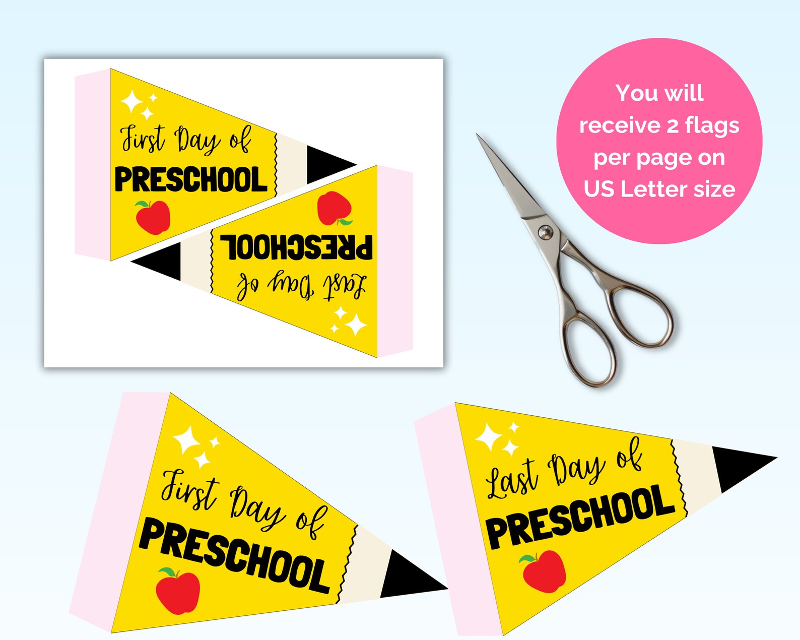 First Day of Preschool Pennant Flags, Printable Back to School Flags ...