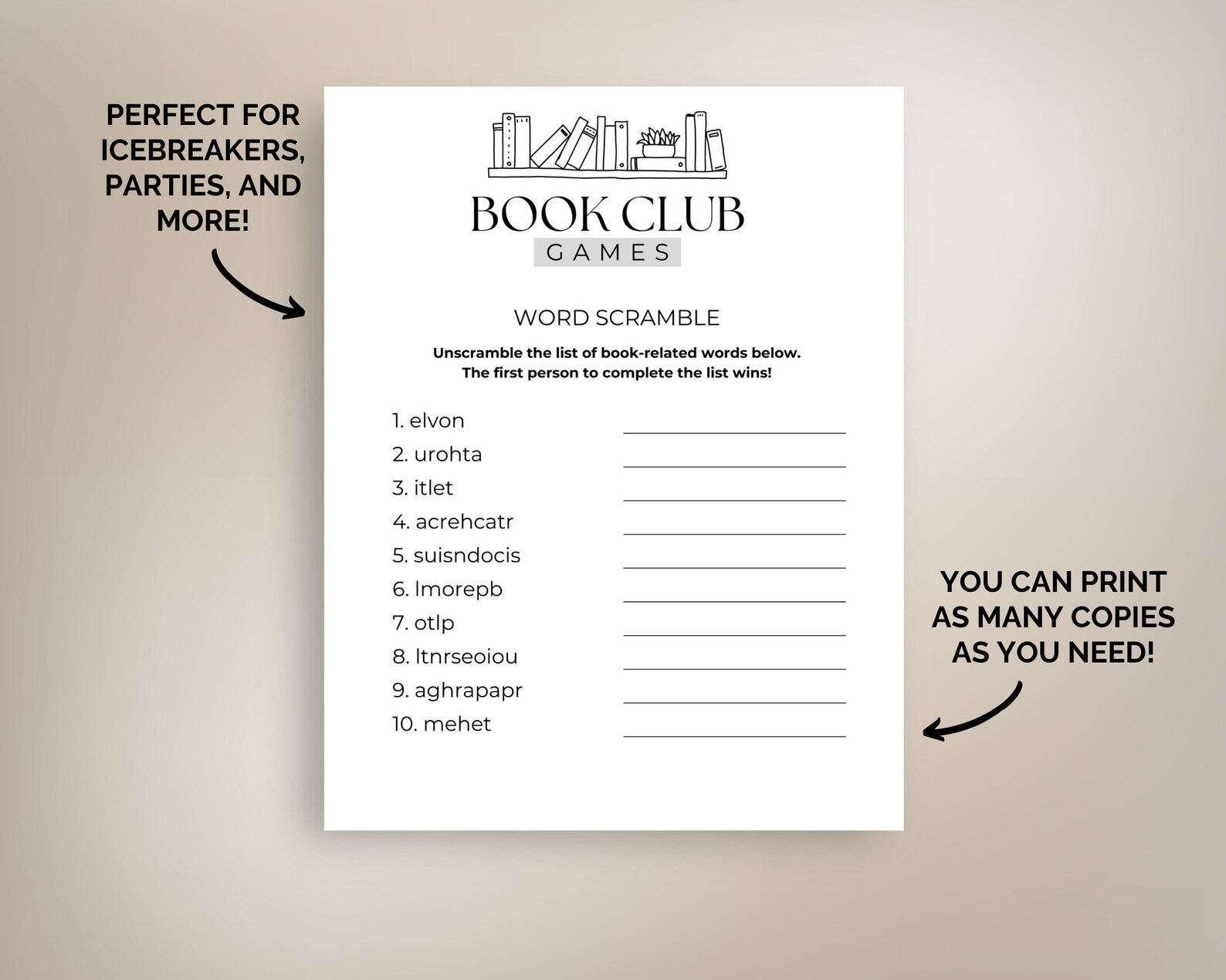 Book Club Word Scramble Game, Book Club Icebreaker Game, Book Club ...