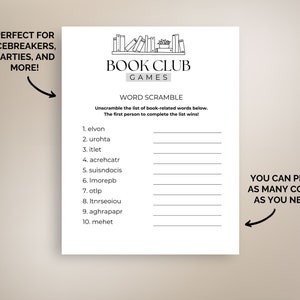 Book Club Word Scramble Game, Book Club Icebreaker Game, Book Club ...