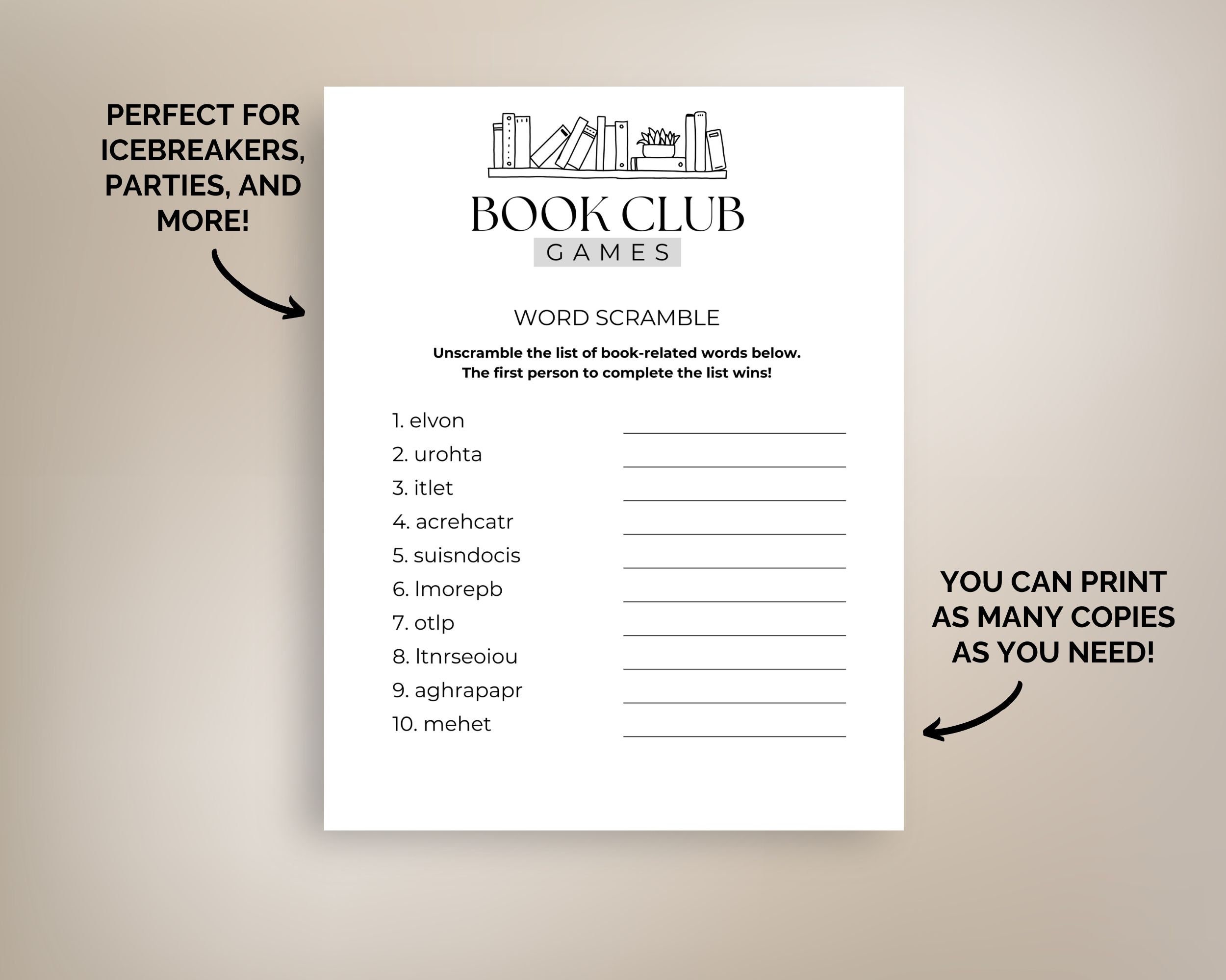 Book Club Word Scramble Game, Book Club Icebreaker Game, Book Club ...