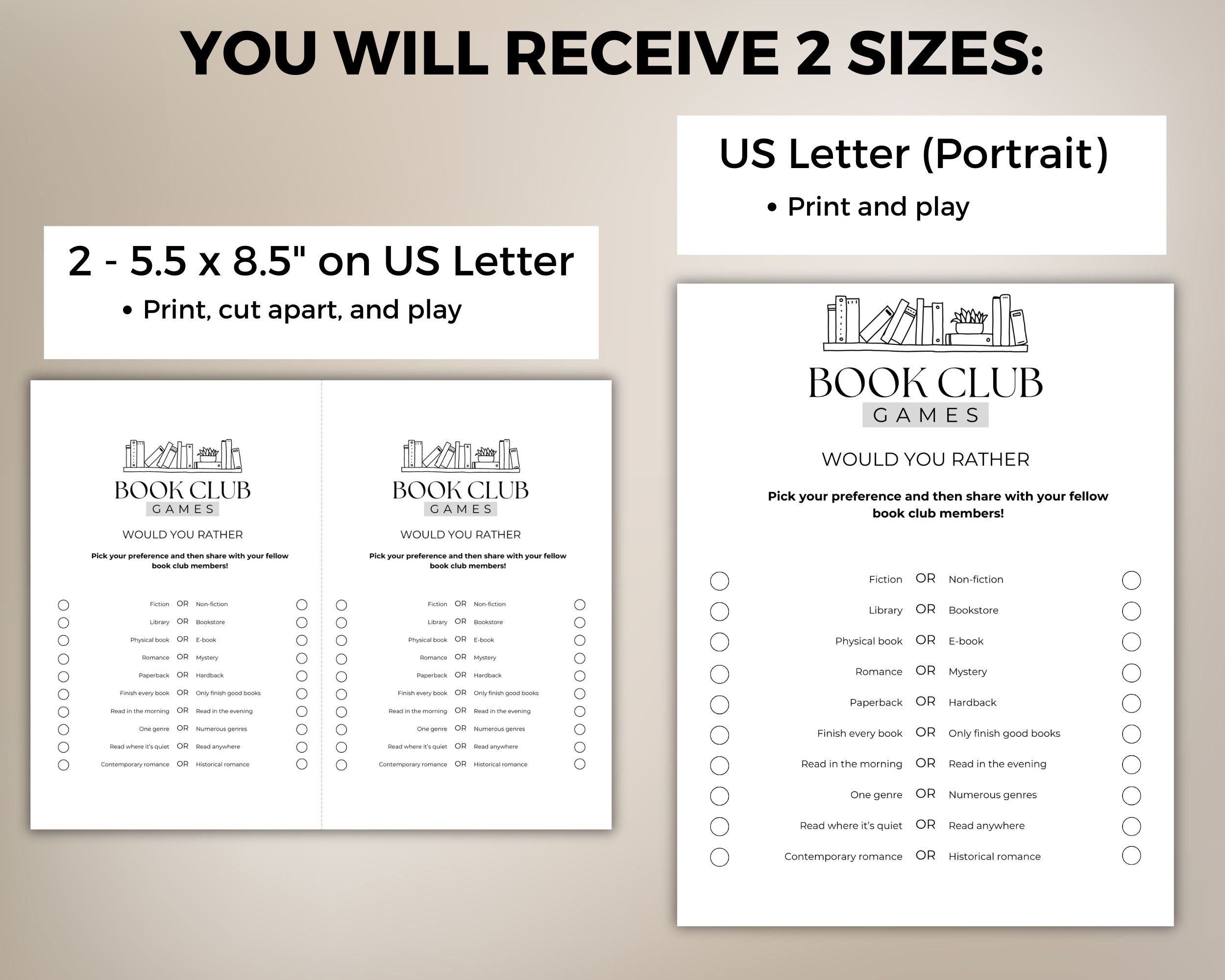 Book Club Would You Rather Game, Book Club Icebreaker Game, Book Club ...
