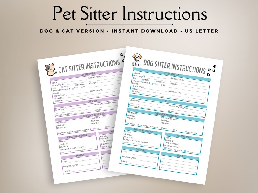 Pet Sitter Instructions, Dog Sitter, Cat Sitter, Pet Sitter Notes, Pet ...