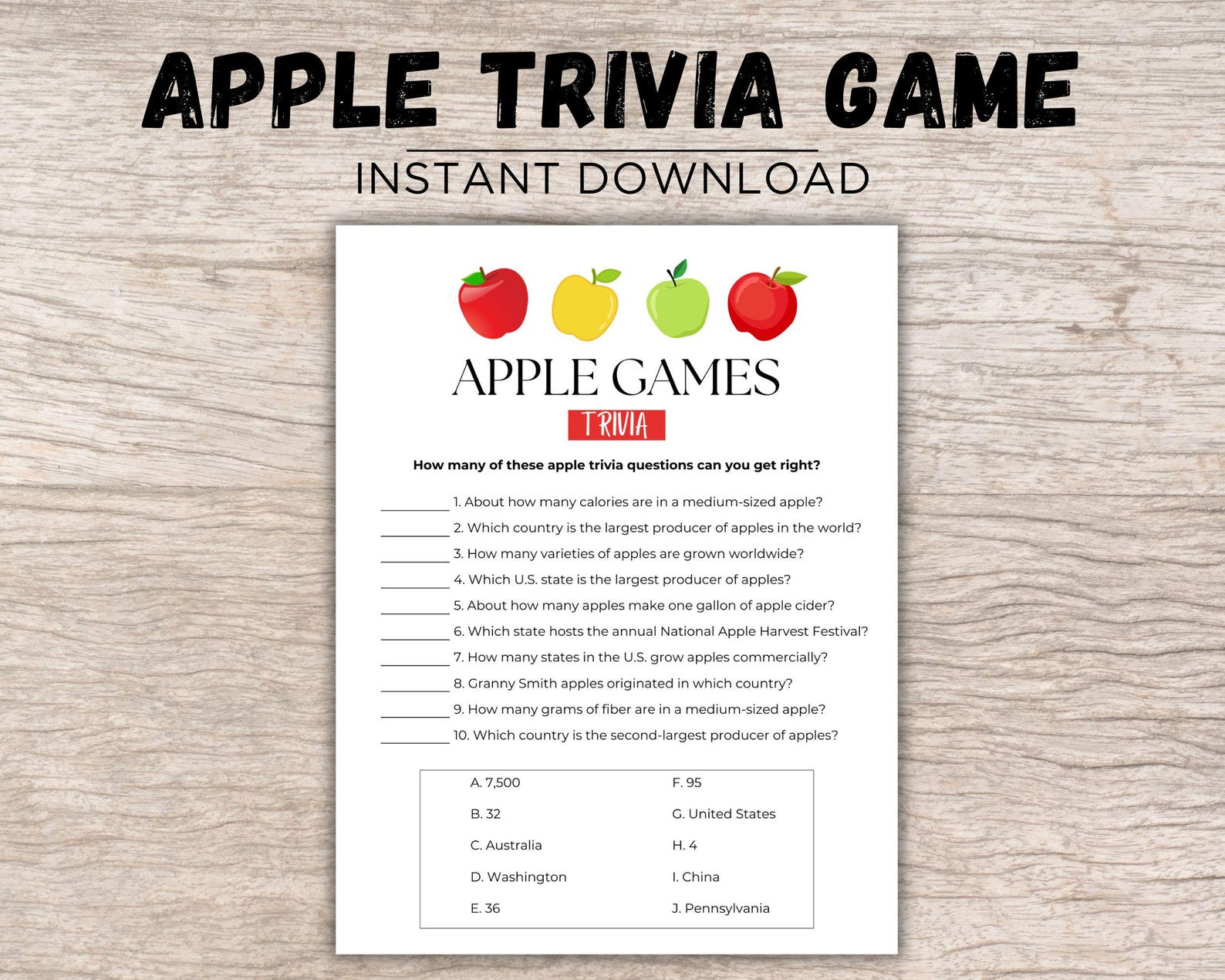Apple Trivia, Apple Trivia Game, Fall Trivia, Printable Apple Trivia ...