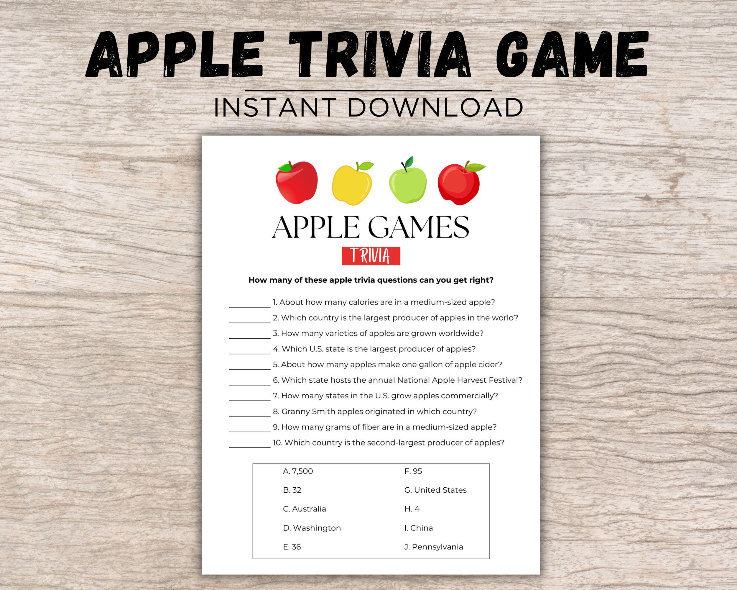 Apple Trivia, Apple Trivia Game, Fall Trivia, Printable Apple Trivia ...