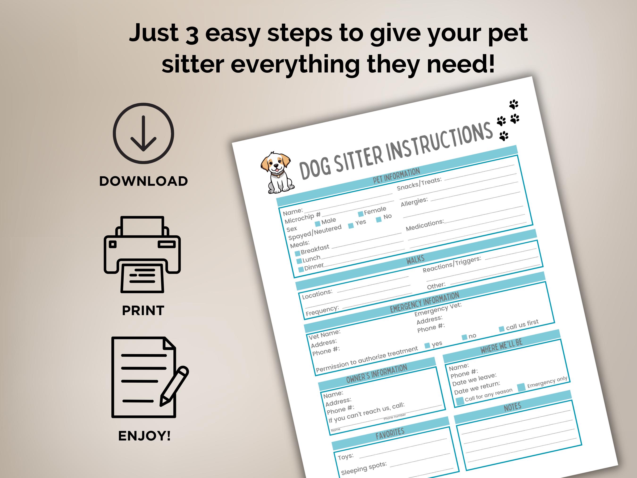 Pet Sitter Instructions, Dog Sitter, Cat Sitter, Pet Sitter Notes, Pet ...