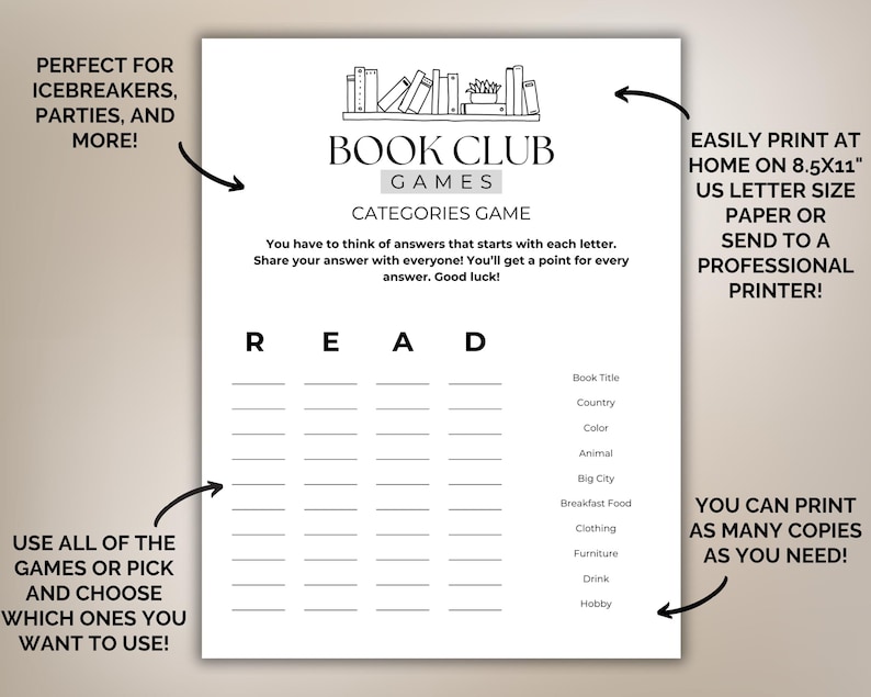 Book Club Games, Book Club Icebreakers, Book Club Activities, Printable ...