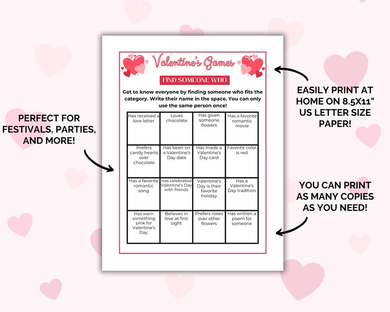 Valentine's Day Find Someone Who Game, Valentines Day Games, Valentines ...