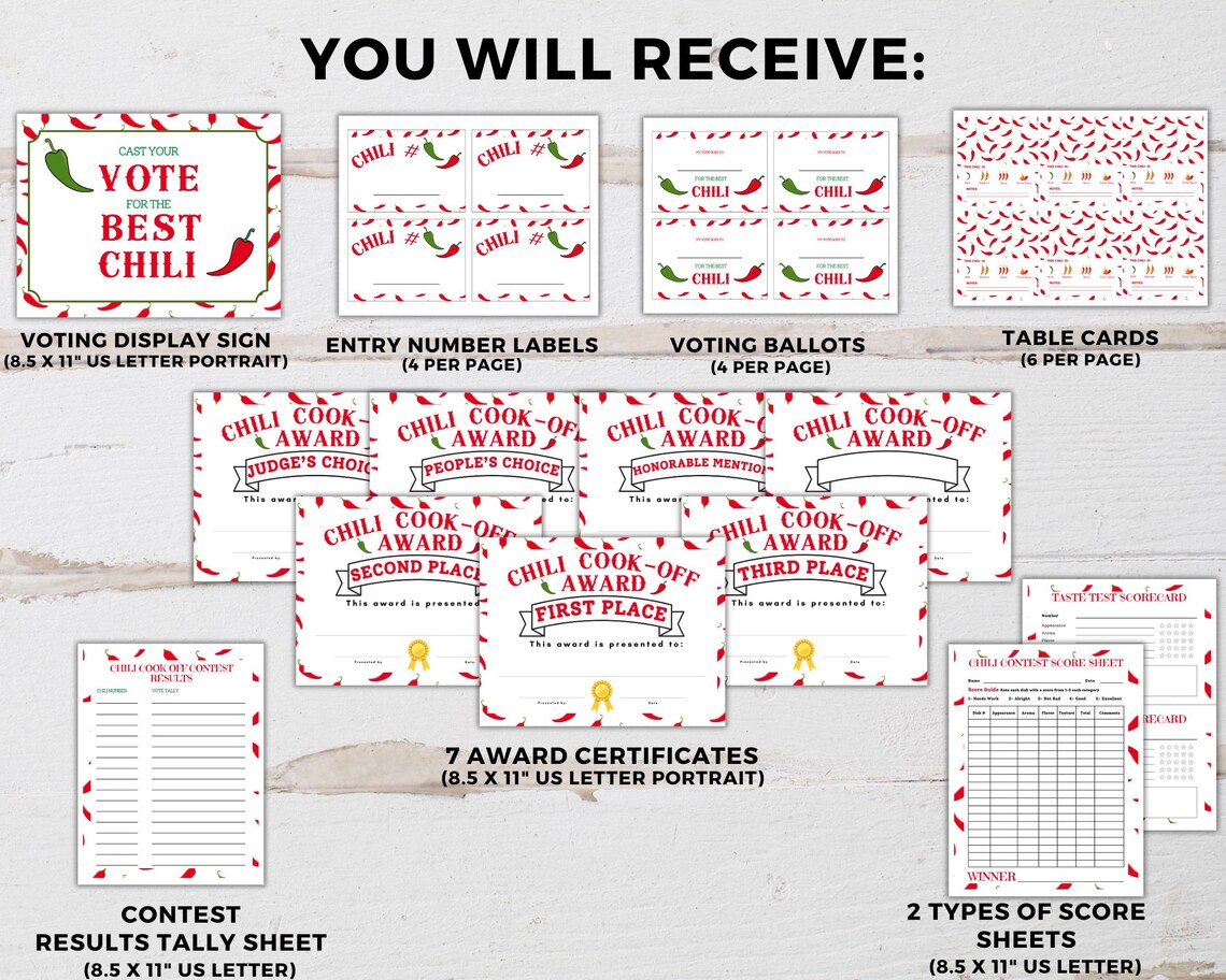 Chili Cook-off Contest Kit, Chili Cook off Award Certificates, Chili ...